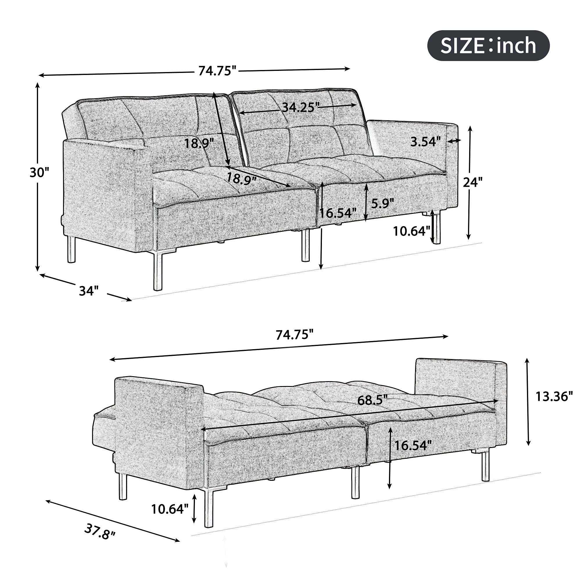 Majnesvon Linen Convertible Futon Sofa Bed, 2-in-1 Sleeper with 2 Pillows, 3 Adjustable Angles for Backrest, Living Room Couch 5 Sturdy Metal Legs, Upholstered Loveseat Home, (White)