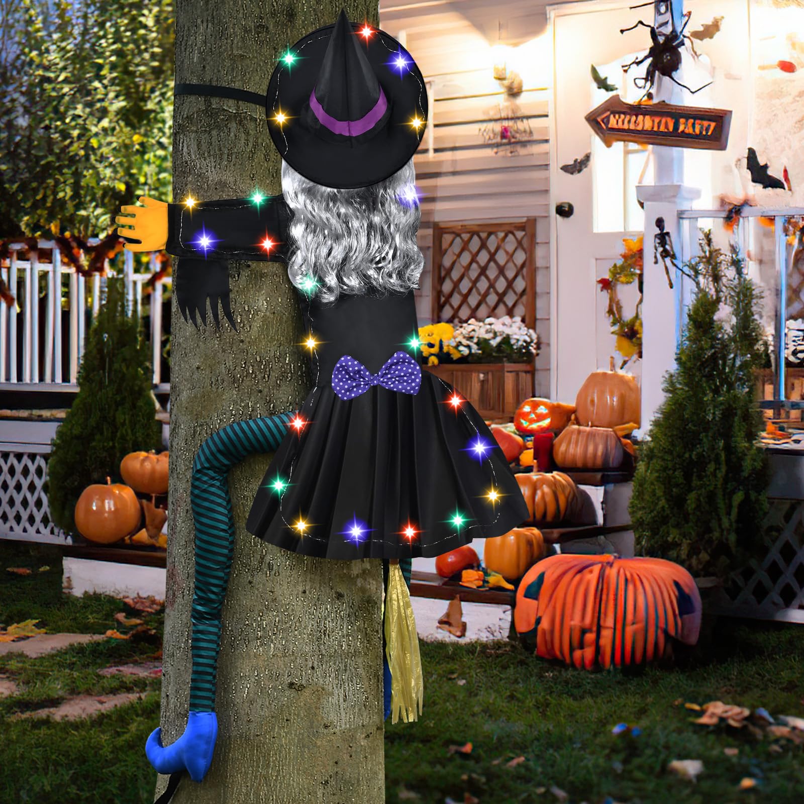 63" Large Crashing Witch Into Tree Halloween Decoration with Led Lights, Hanging Witch Cute Halloween Decorations Outdoor Crashed Witch Props Ornaments for Front Yard Tree Porch Lawn Garden Patio