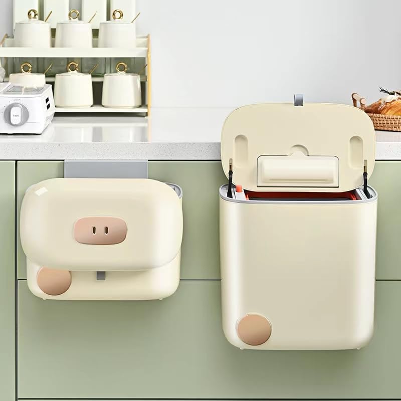AIWE7D 9L/2.4 Gallon Hanging Trash Can for Kitchen Cabinet Door with Slide Lid Portable Hang Trash Bin Garbage Can for Bathroom with Sticky Hook ABS