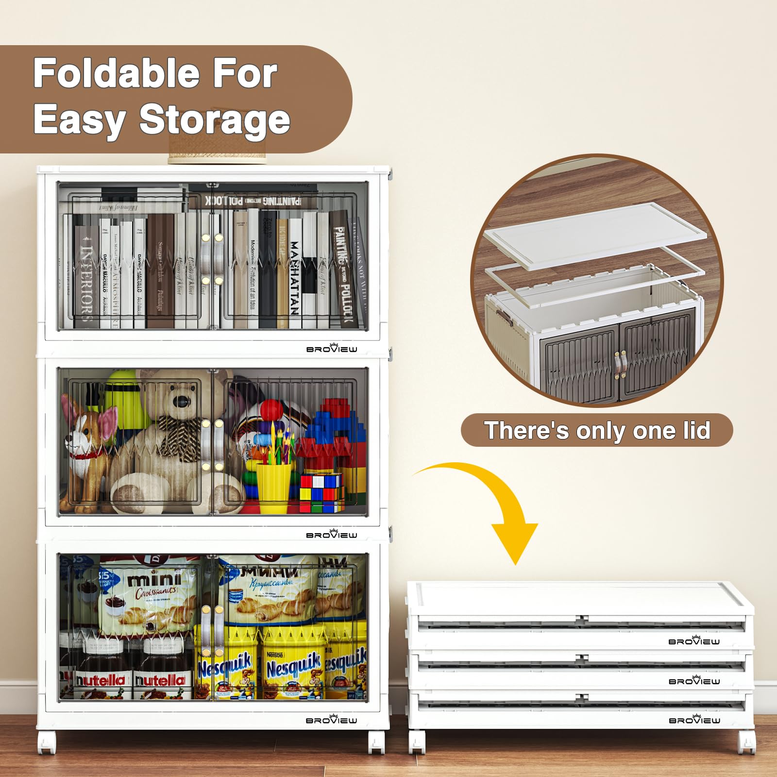 BROVIEW 120 Qt Stackable Storage Bins with Lid, Closet Organizer and Storage Drawers, Collapsible Storage Box with Wheels, Plastic Clothes Storage Cabinet Cubes Shelves Home Organization, 3Pack White