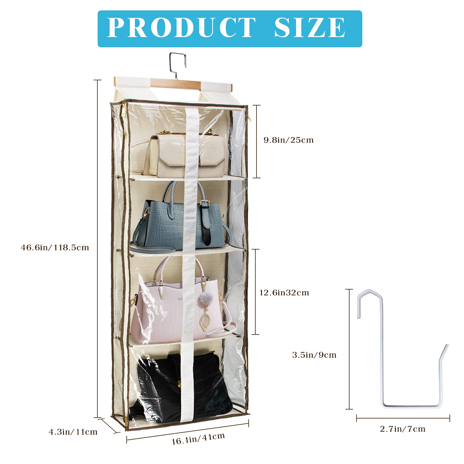 Clear Closet Hanging Handbag Organizer with Zippers, KMOTASUO Easy Access Wardrobe Tote Bag Purse Storage Holder Over The Door Space Saving Shelf Pocket for Bedrooms Living Room