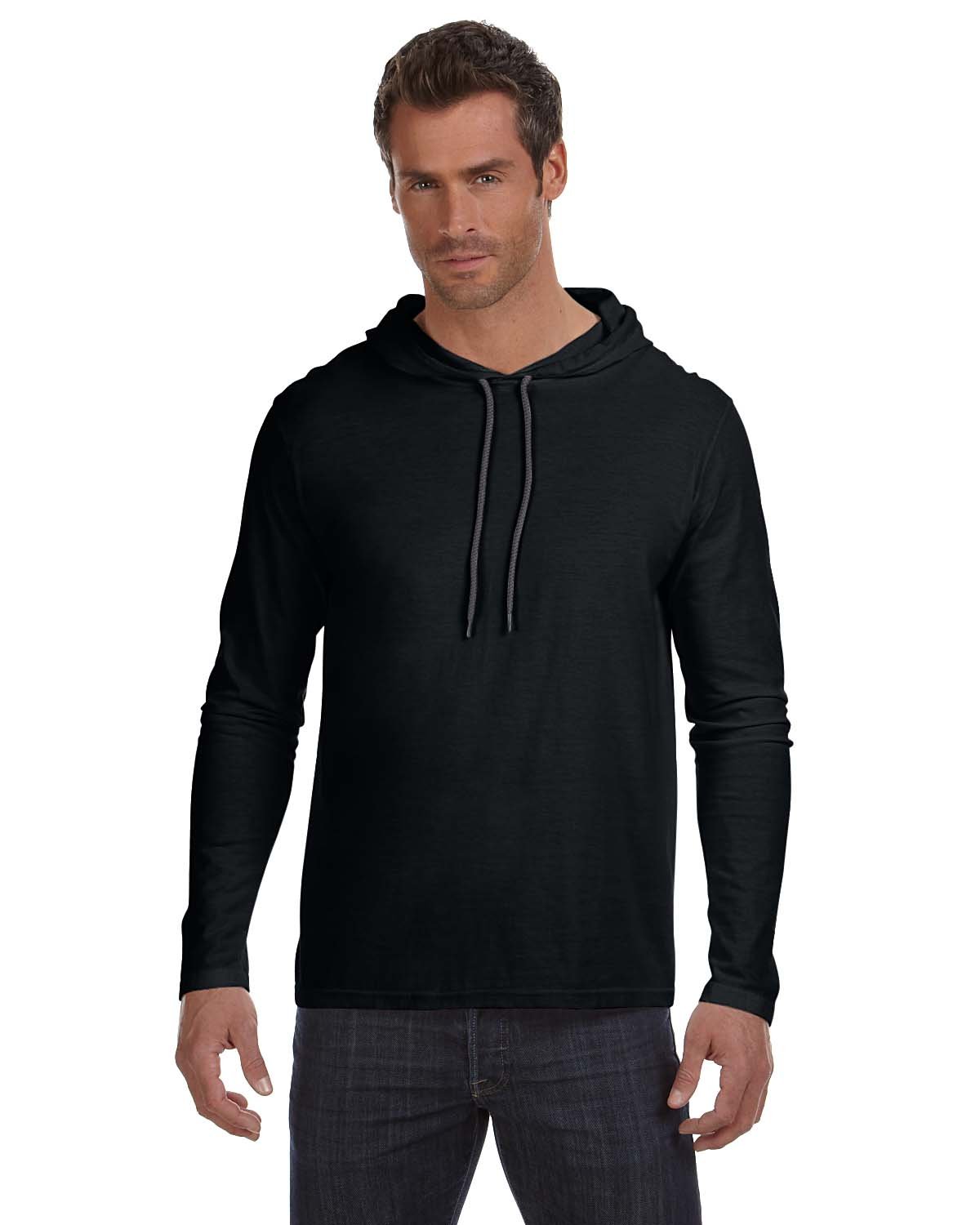 Anvil Lightweight Long-Sleeve Hooded T-Shirt (987AN)- BLACK/DARK GREY,XL
