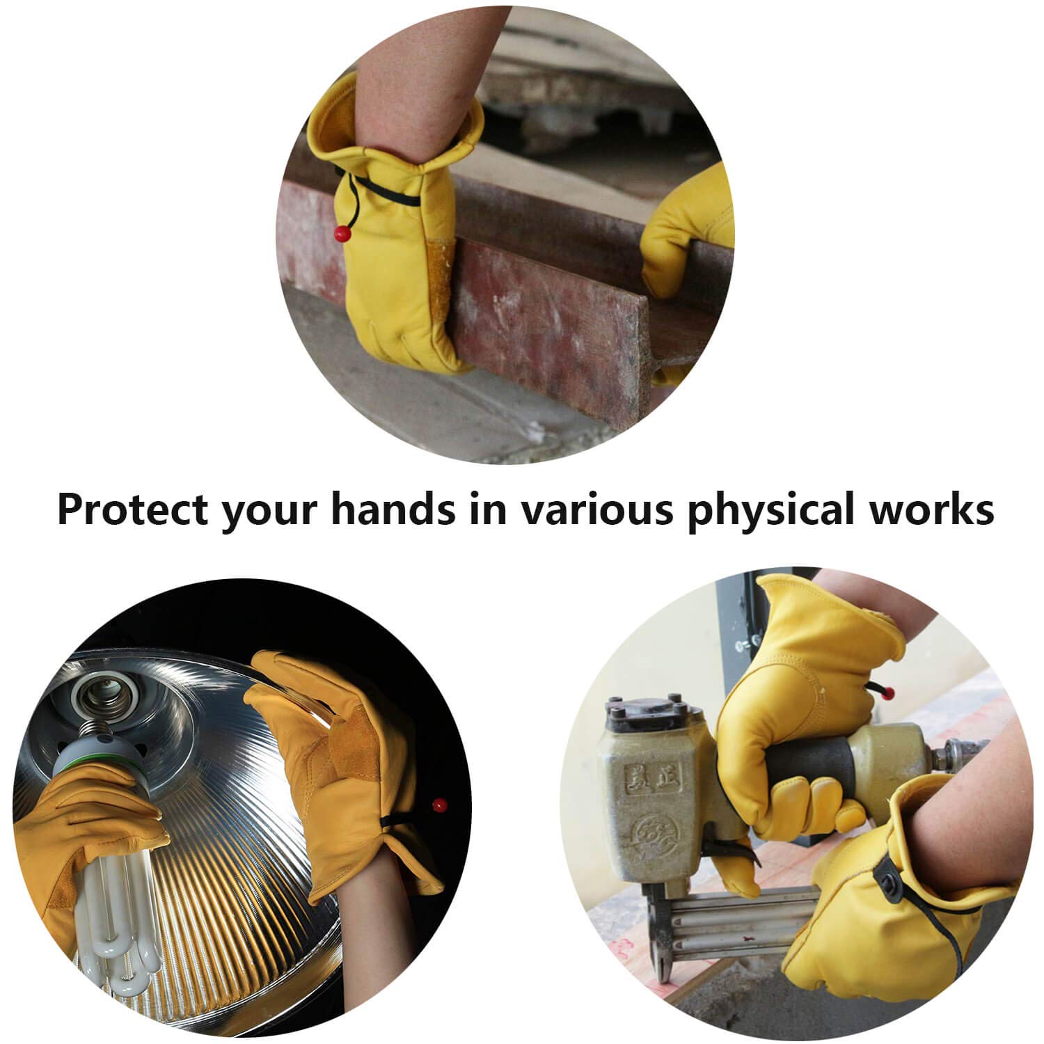 OZERO Leather Work Gloves for Men: Medium 3 Pairs Cowhide Leather Working Gloves for Driving Heavy Duty Mechanic Ranch - Women Gardening Leather Glove