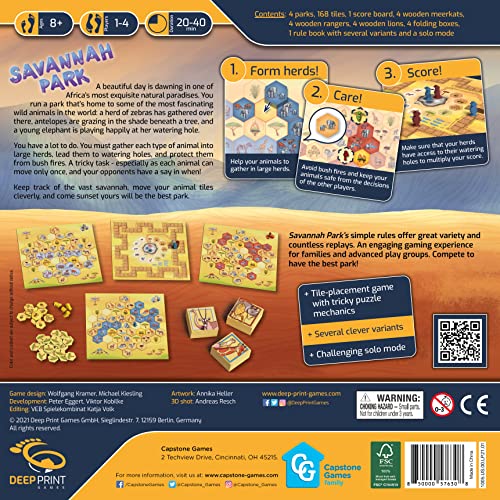 Capstone Games: Savannah Park, Strategy Board Game, Simple Gameplay, Highly Interactive Strategies, 1 to 4 Players, 20 to 40 Minute Play Time, Ages 8 and Up