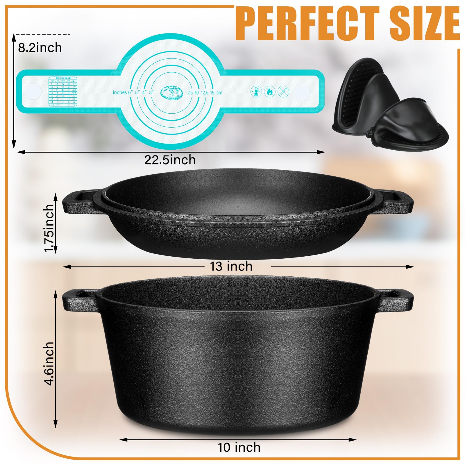 Jingmore 2 in 1 Cast Iron Bread Pan with Lid,10'' Cast Iron Dutch Oven for Bread Baking,5 QT Pot and 2 Quart Skillet Lid Pan with Dual Handles, Dutch Oven for Sourdough with Silicone Baking Mat