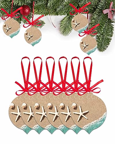 Acrylic Christmas Ornament Set of 6 Summer Starfish Shell 2023 Xmas Tree Tag Decorations, Welcome on Beach Ornaments with Ribbon for Holiday Party Hanging Tag Accessories Teal Blue Ocean