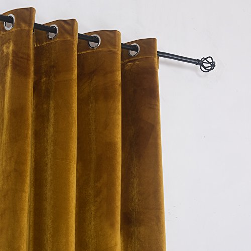 Cherry Home Super Soft Luxury Velvet Set of 2 Warm Yellow Blackout Velvet Energy Efficient Grommet Curtain Panel Drapes Ginger 52Wx63L(2 Panels) with Matching Tiebacks