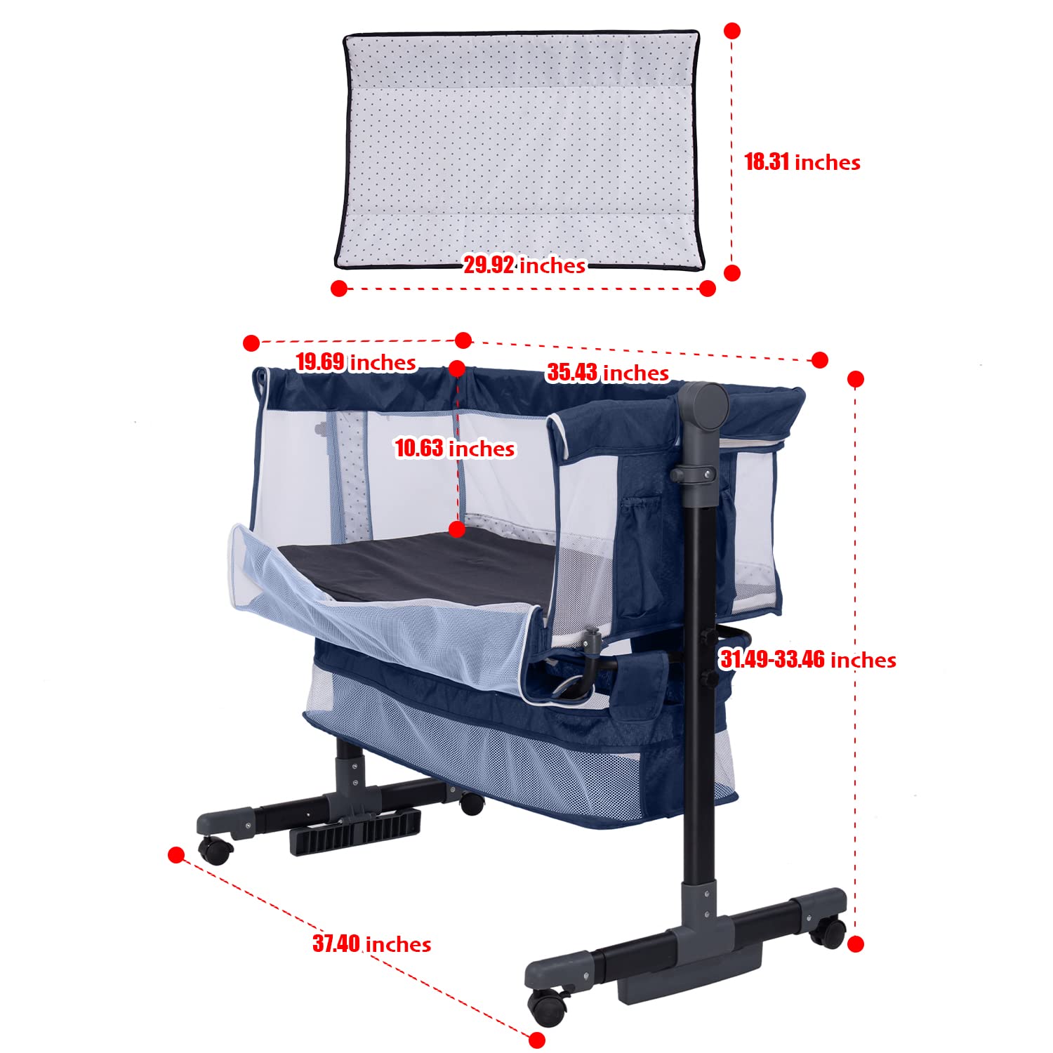 Ascism Baby Bassinet Bedside Crib (Grey), 3 in 1 Baby Bassinet Bedside Sleeper with Mattress, Diaper Changing Table, Extra Storage, Portable Bassinet Crib for Infant, Mesh Sided Bedside Co Sleeper