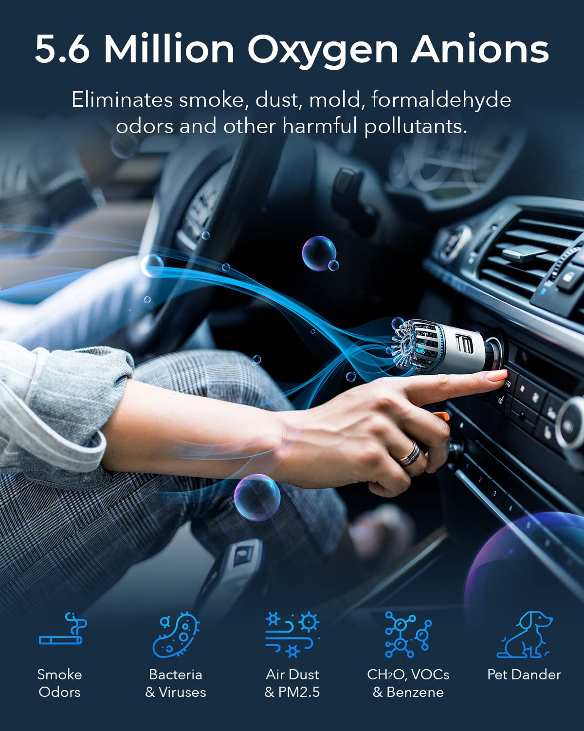 Craftronic 2.0 Ionic HEPA Car Air Purifier - (5.6 million of Negative Ions) Remove Cigarette Smoke & Allergens, Bacteria, Pollutants, Gases (VOCs) + Anti-Microbial Deodorizer Freshener (Silver)