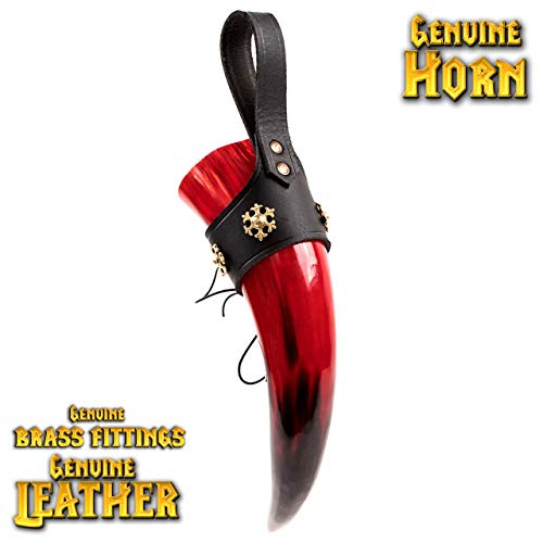 Mythrojan THE RED WITCH Viking Drinking Horn with Black Leather holder Authentic Medieval Inspired Viking Wine/Mead Mug – Polished Finish