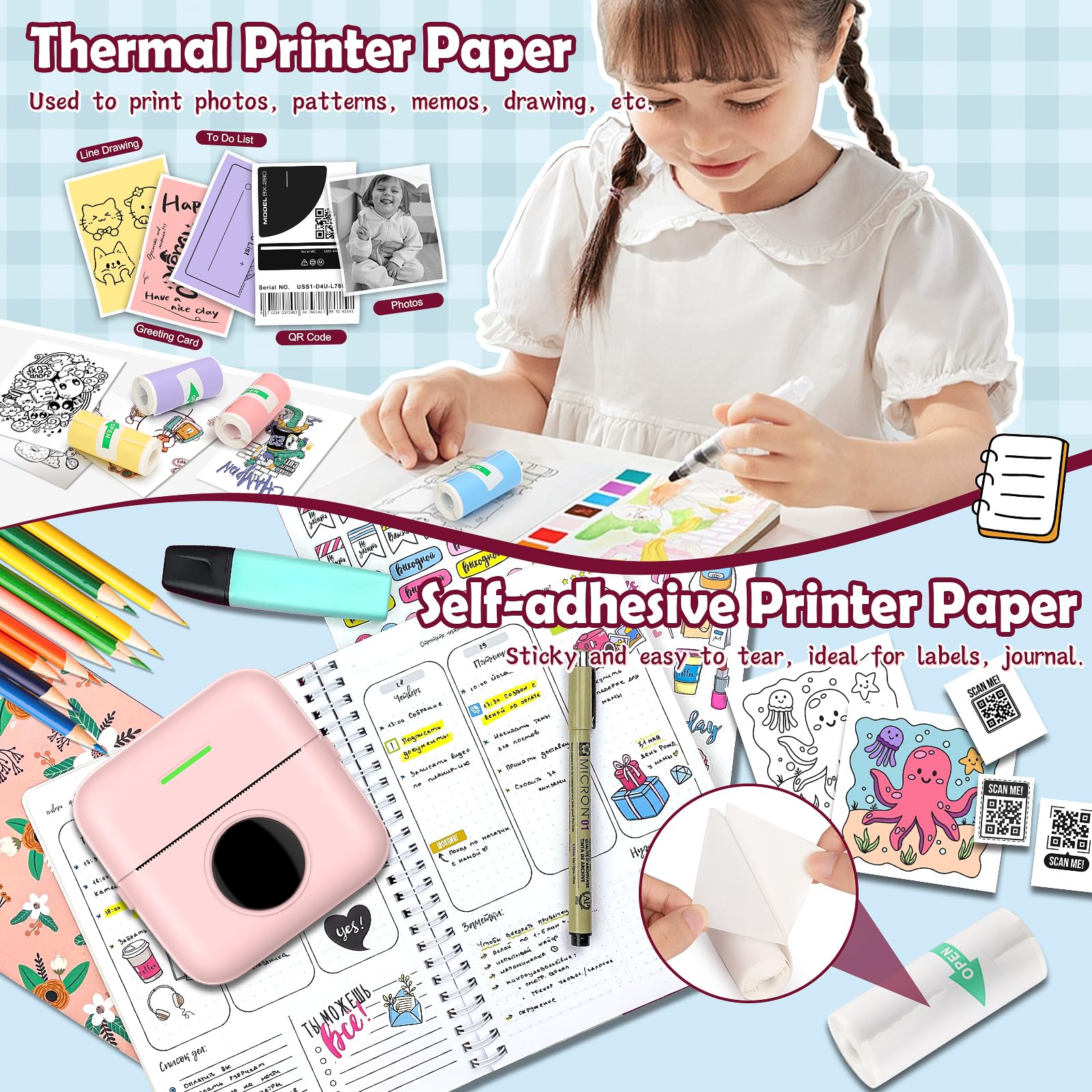 HUIJUTCHEN 20 Rolls Mini Thermal Sticker Printer Paper 57x25mm Inkless Self-Adhesive Paper for M02/T02/X5 Pocket Bluetooth Receipt Printer for Photo,DIY,Note,Memo(16 White+4 Color)