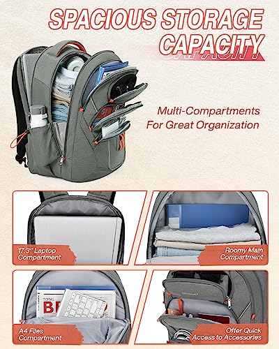 BAGSMART Large Travel Backpack for Women Men,Laptop Backpack Flight Approved Carry On Computer Bag Fits 17 Inch Laptop,Water Resistant Outdoor Backpack for Hiking Business,Grey
