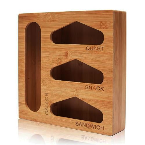 ARSH & J Bamboo Ziplock Bag Organizer for Drawer,4 in 1 Ziplock Bag Storage Organizer for Kitchen,Zip lock Bag Storage, Fits all brands of Quart, Gallon, Snack and Sandwich variety size Bags.