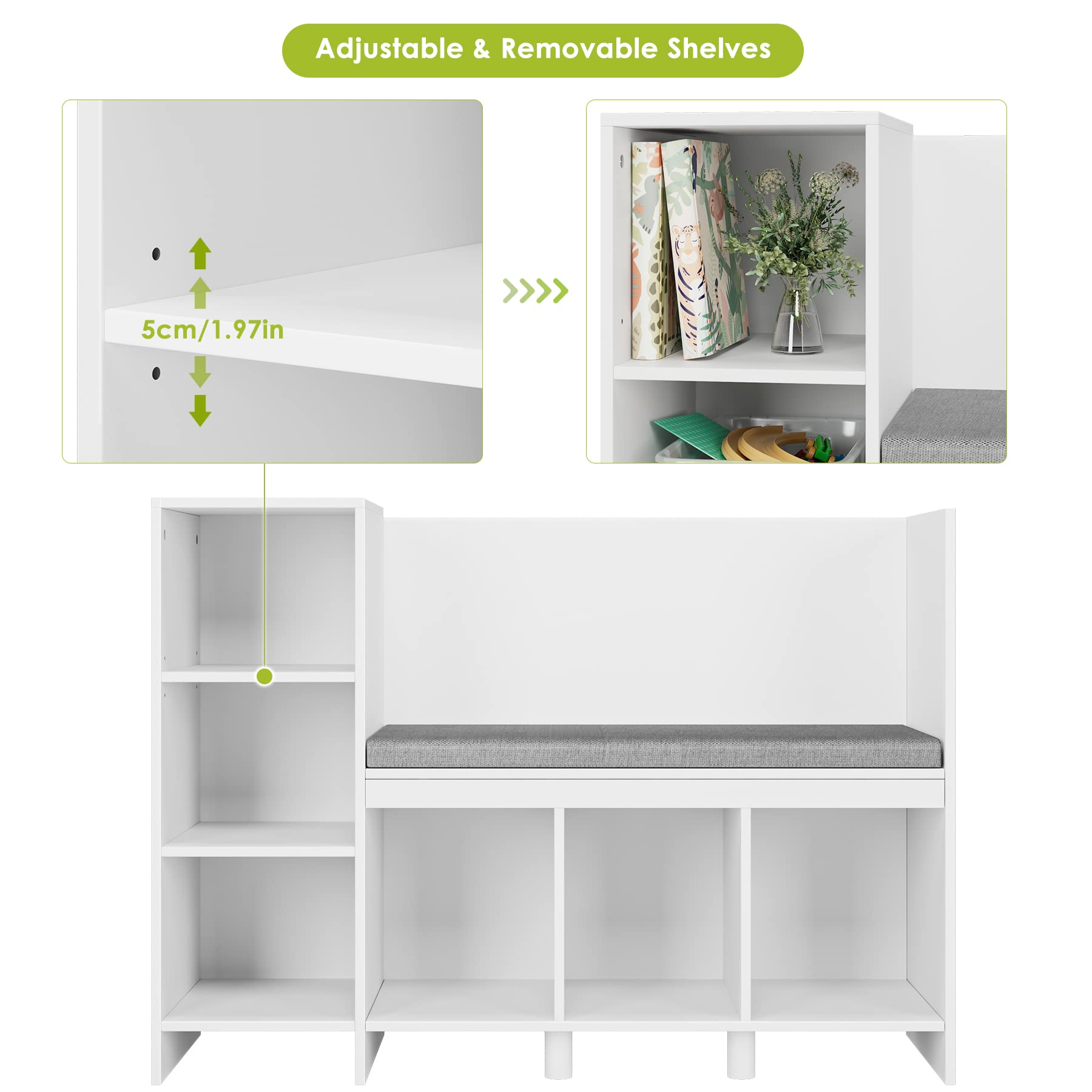 HOUSUIT 43.3" Kids Reading Nook Bench, Nursery Bookshelf and Bookcase with Seat Cushion, 6-Cubby Book Shelf Storage Organizer for Playroom, Bedroom, Living Room, Entryway, White