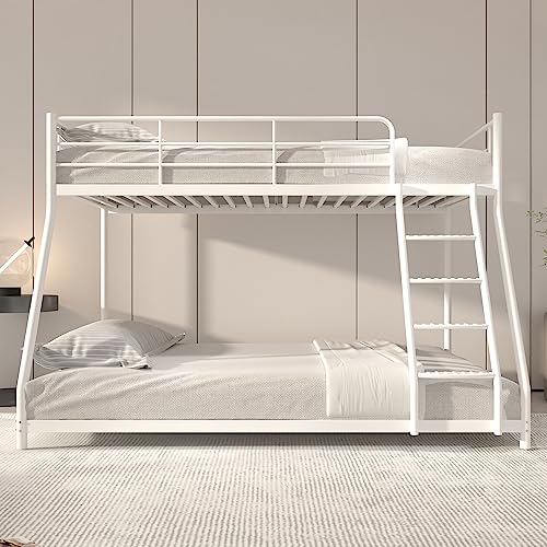 AnwickNomo Heavy Duty Steel Twin Over Full Bunk Bed, Bunk Beds for Kids Adults Teens Bunk Bed with Stairs & Flat Rungs, Metal Slat Support, No Box Spring Needed (White)