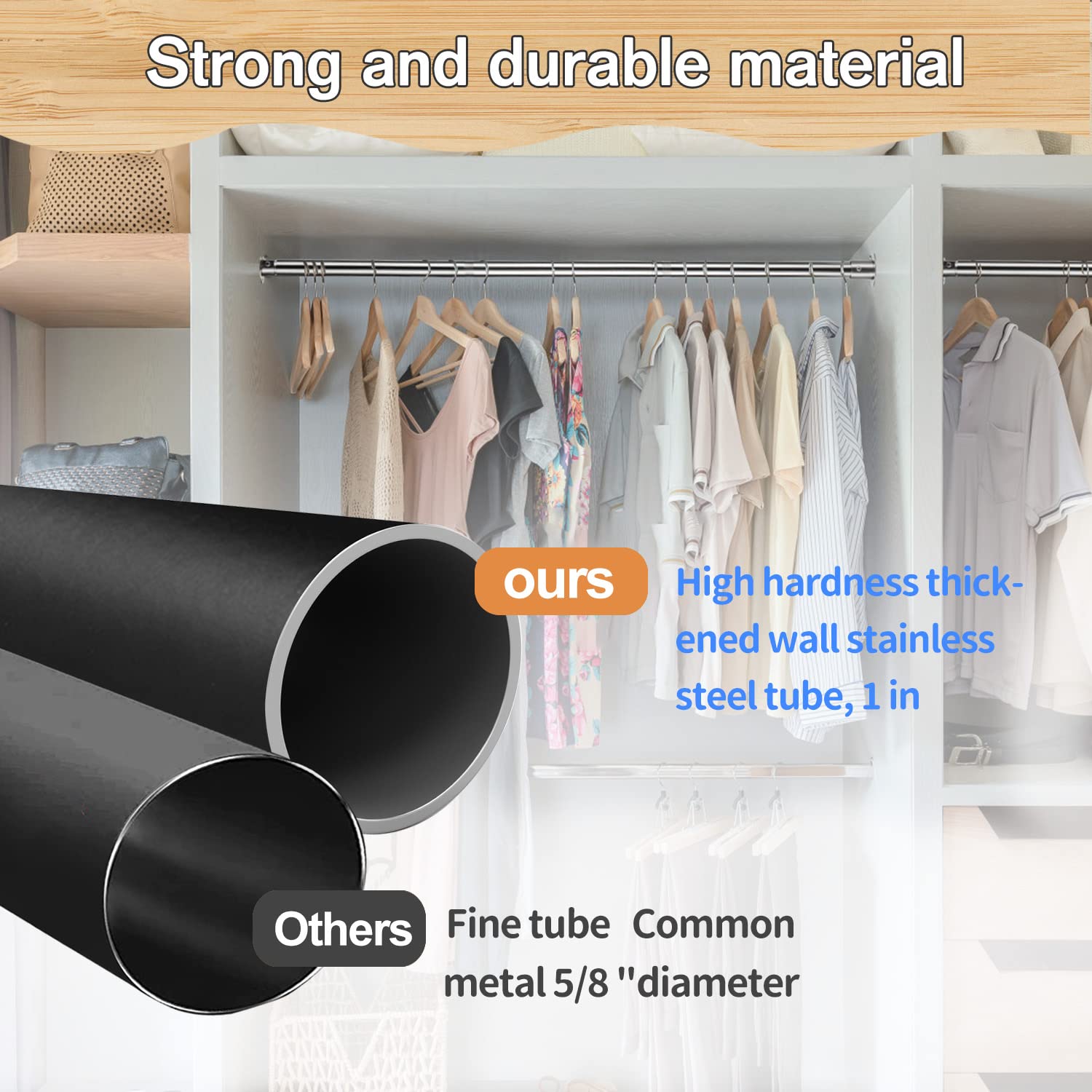 Closet Rod for Hanging Clothes, 28 to 50 Inch Adjustable Extender Closet Hanging Rods, Heavy Duty Tension Metal Extender Closet Pole for Wardrobes(Stainless Steel Silver)