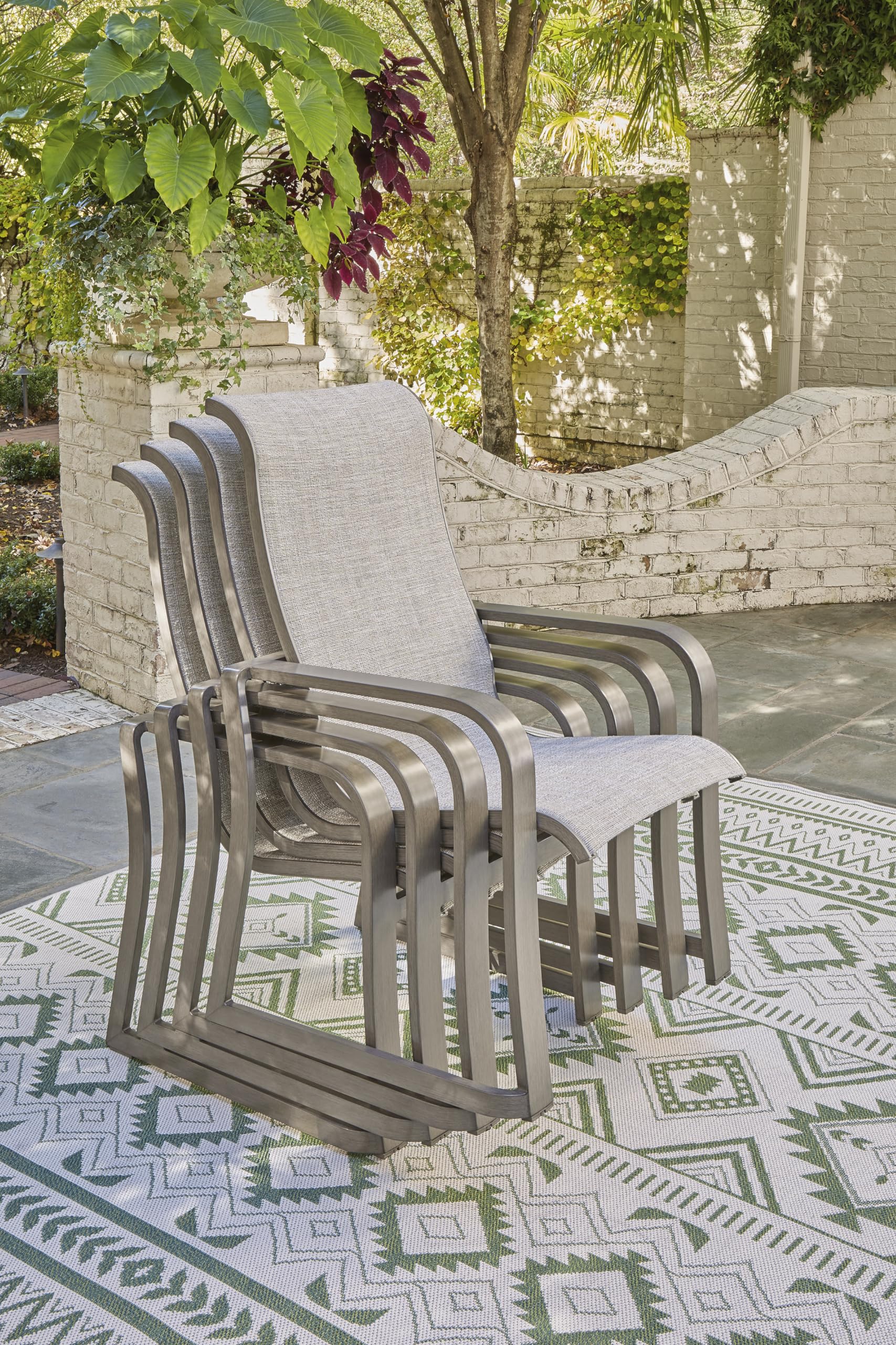 Signature Design by Ashley Beach Front Casual Outdoor Stackable Faux Leather Sling Arm Chair, Set of 4, Light Brown