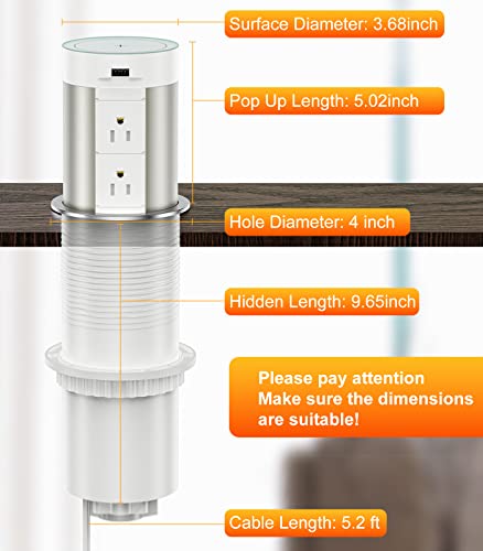 Automatic Pop Up Power Outlet with Wireless Charger, Retractable Recessed Power Strip, 4 AC Outlets and 2 USB Ports, Glass Finish, for Kitchen Countertops Office Table Workshop, White