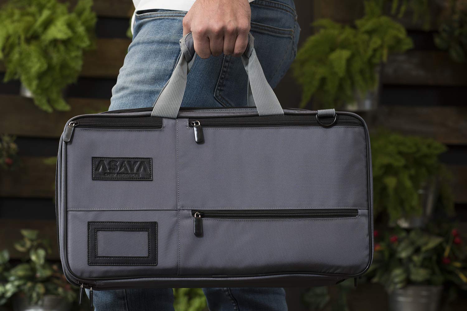 Asaya Chef Knife Bag - 28 Pockets for Knives and Kitchen Utensils - Durable Ballistic Nylon, Black Stainless Steel Hardware, Card Holder and Adjustable Shoulder Strap - Knifes not Included
