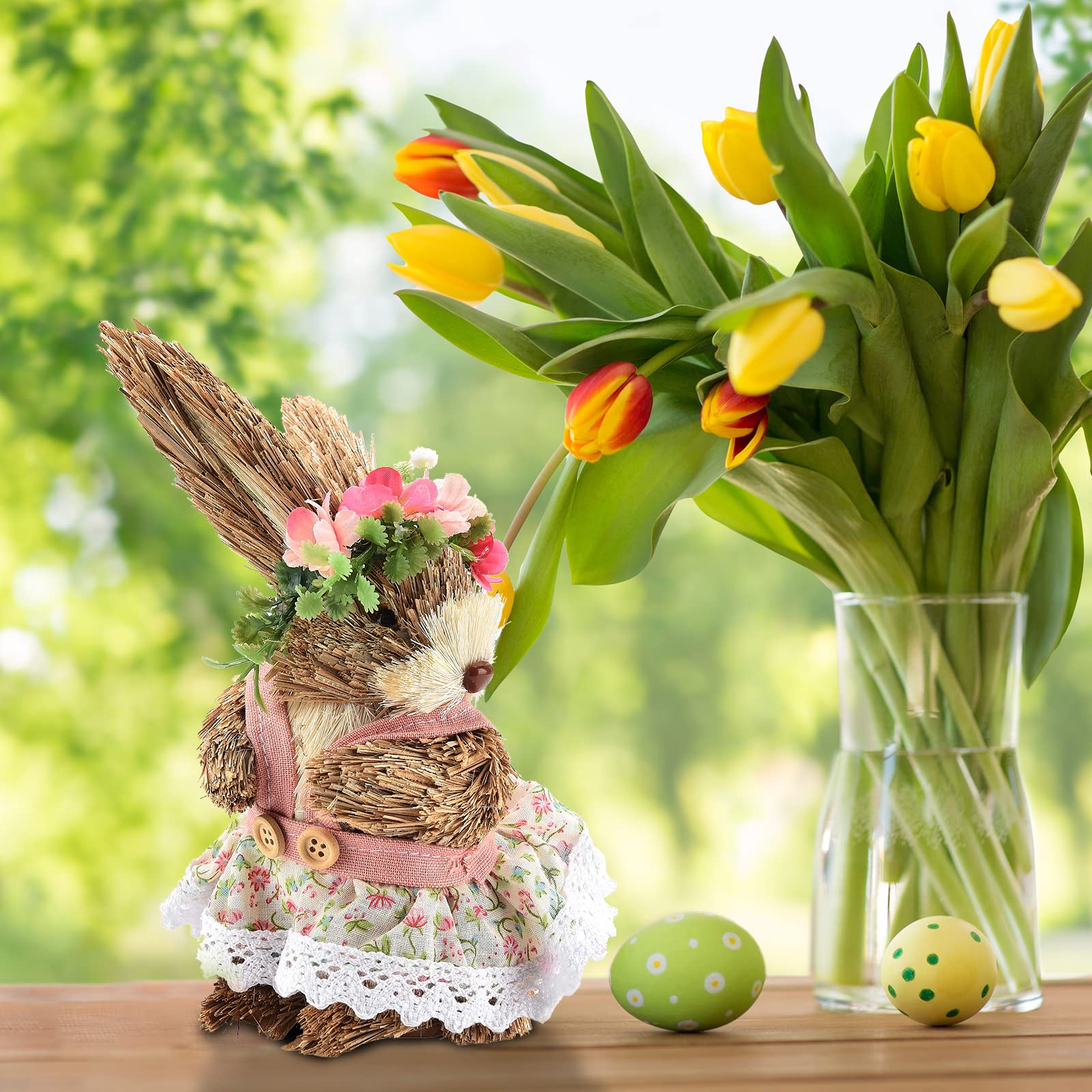 YIREAUD 1 Pcs Easter Straw Rabbit Easter Bunny Figurine Decoration Easter Bunny Statue Artificial Animal Model Sculpture Standing Straw Woven Bunny Ornament for Home Garden Spring Decor