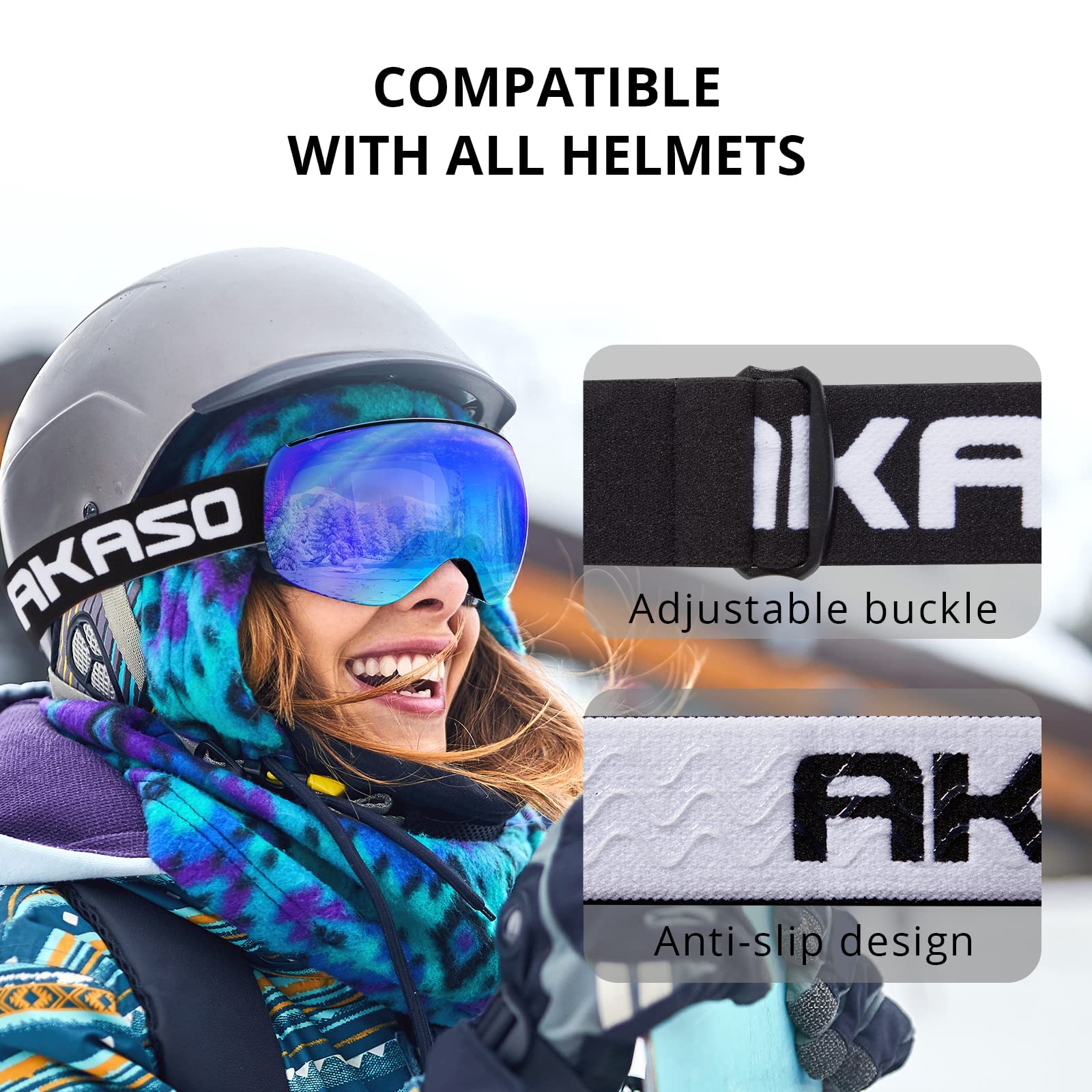 AKASO OTG Ski Goggles, Alta Ski Goggles, Anti-Fog, 100% UV Protection, Double-Layer Spherical Lenses for Men & Women