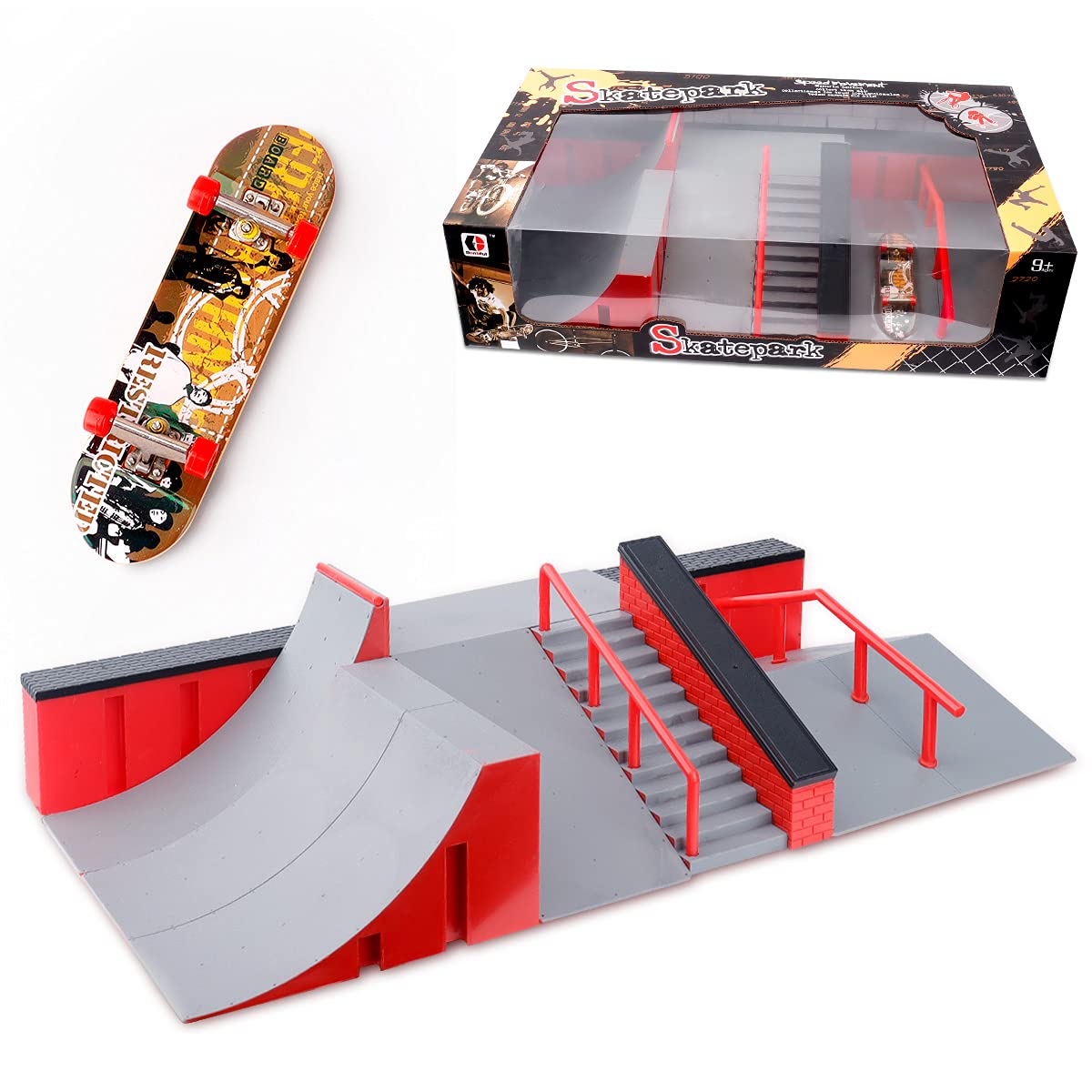 Finger Skateboard Ramp Set, MOMSIV 3PCS Combined Mini Desktop Finger Skate Park Kit with Kickers Stair and Handrails Parts for Ultimate Finger Tech Training Props Cake Decor Interactive Game - Style A