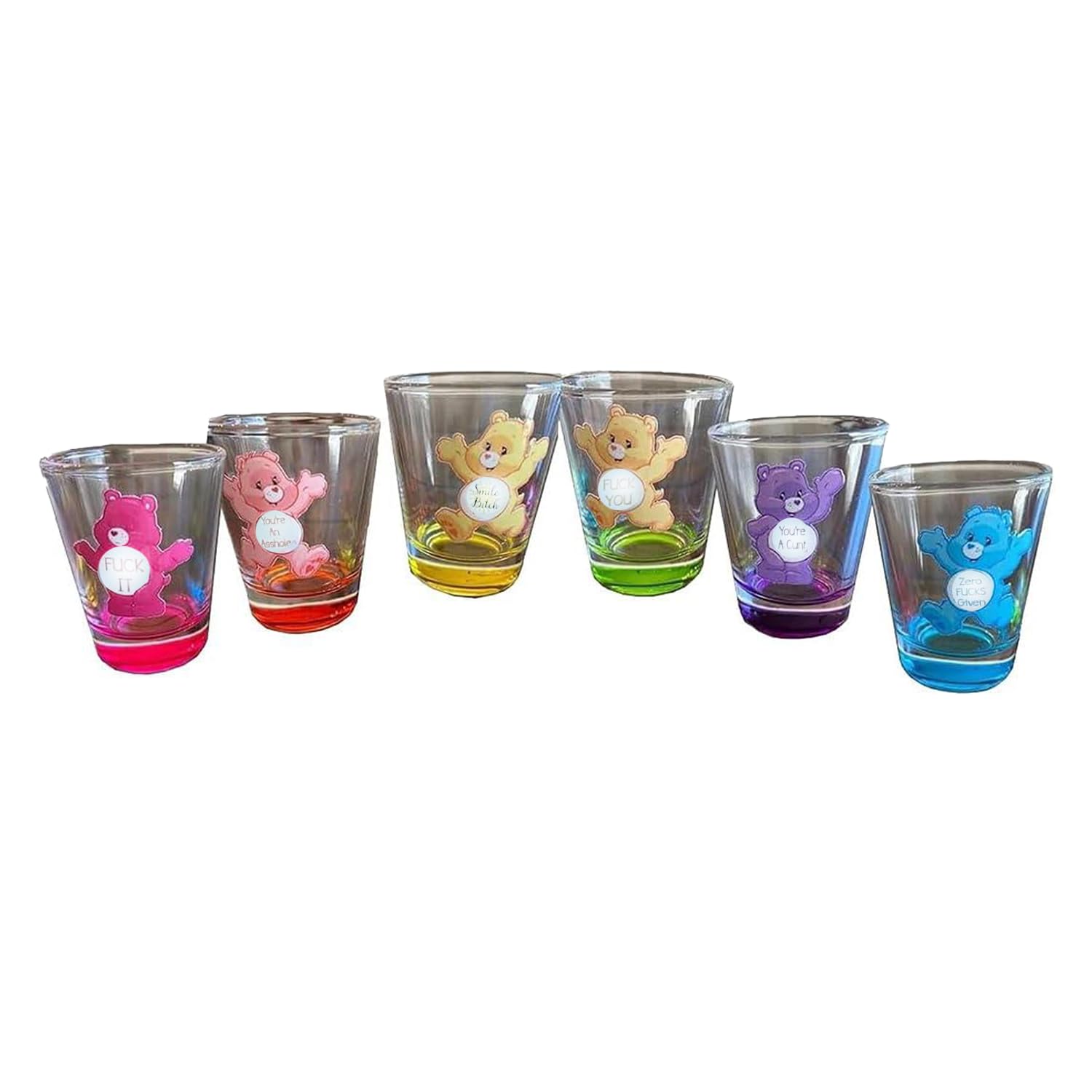 SIHPTO Swear Bears Shot Glasses 6-Pack Mini Glass Set,1.5 Ounces Swear Bears One Mouth Cup,Cocktail, Whiskey Six Colors Shot Glasses Set