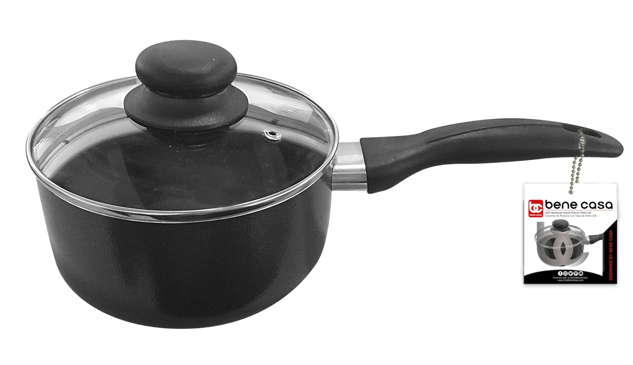Bene Casa - Non-Stick Aluminum Saucepan with Lid - 2 Qt. Capacity - Oven and Dishwasher Safe - Cool Touch Handle