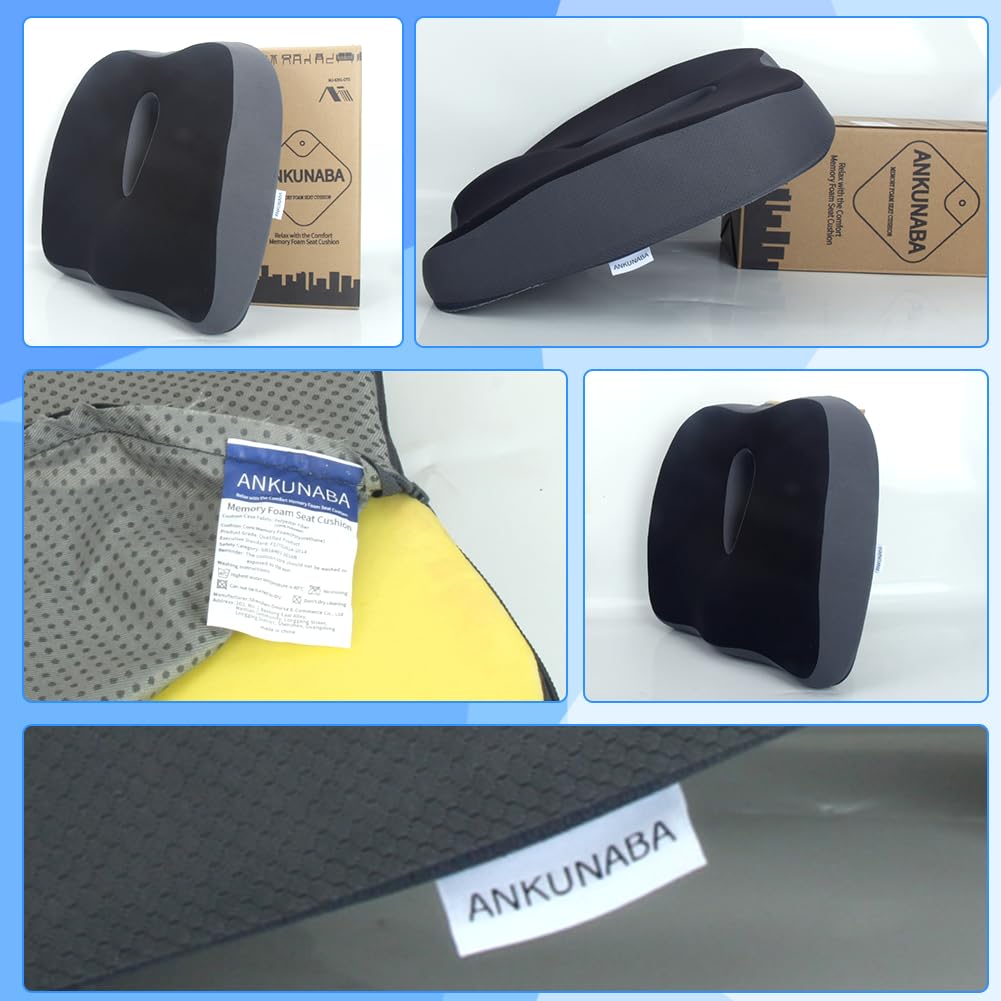 ANKUNABA Seat Cushions for Office Chairs, Large Memory Foam Chair Pad for Coccyx Tailbone Sciatica Back Pain Relief, Orthopedic Butt Pillow for Desk Car Wheelchair Computer Long Sitting (Black)