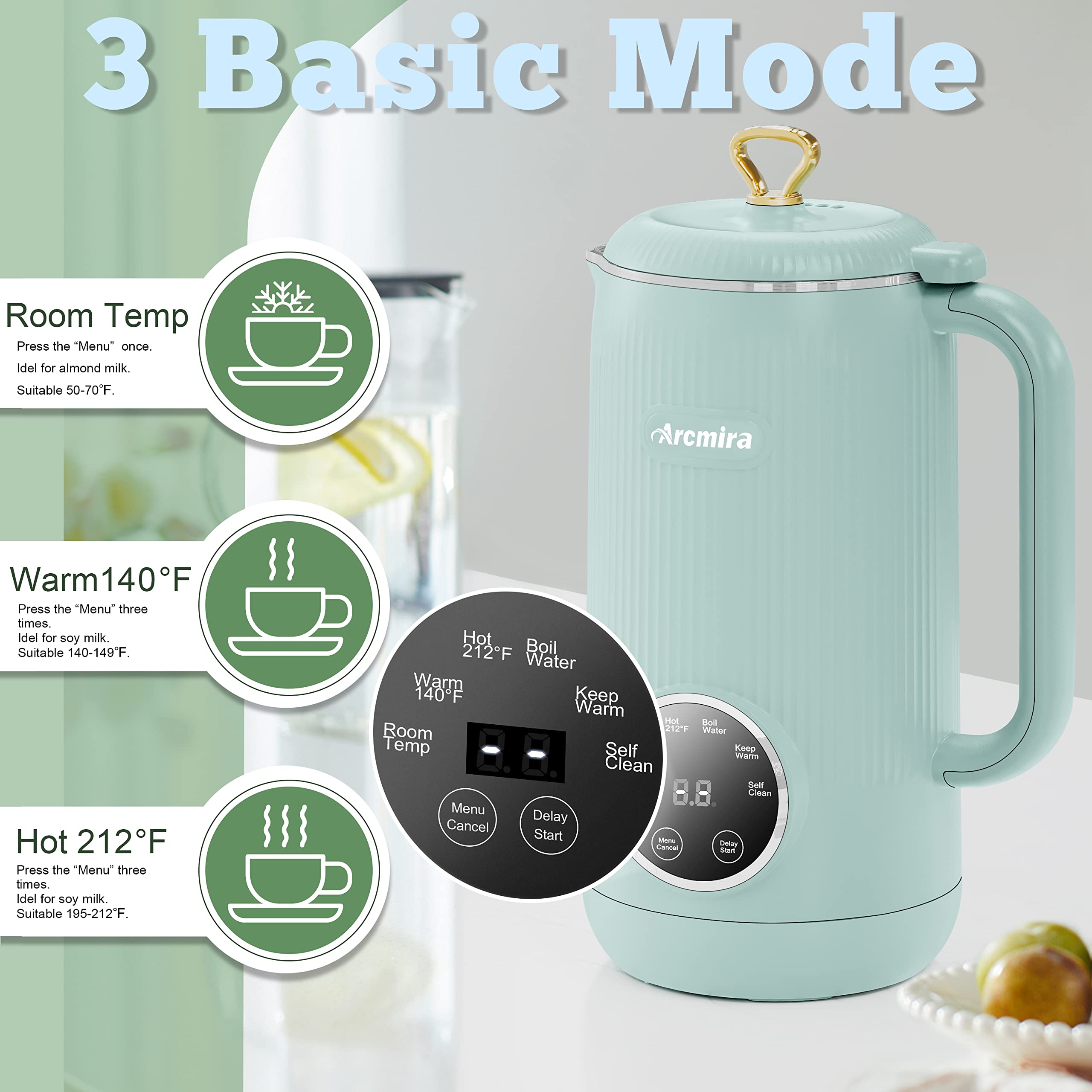 Arcmira Automatic Nut Milk Maker, 20 OZ Homemade Almond, Oat, Soy, Plant-Based Milk and Dairy Free Beverages, Almond Milk Maker with Delay Start/Keep Warm/Boil Water, Soy Milk Maker with Nut Milk Bag