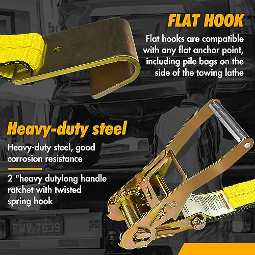Car Tie Down Straps for Trailers (4PK) Flat Hooks Lasso Style and 2'' X 96'' Tie Down Webbing Easily Secure Tire Tie-Downs for Any Car, SUV, Jeep or Sports Car