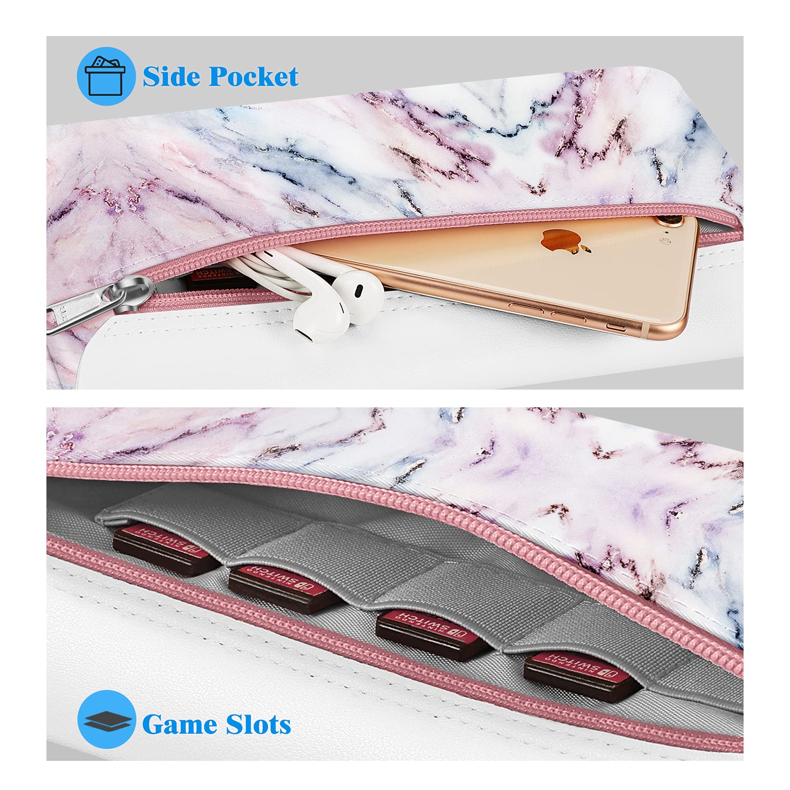 Fintie Carrying Case for Nintendo Switch Lite 2019 - Portable Travel Bag Protective Sleeve Pouch w/ Side Pocket, Game Card Slots, Holding Strap for Nintendo Switch Lite and Accessories, Marble Pink