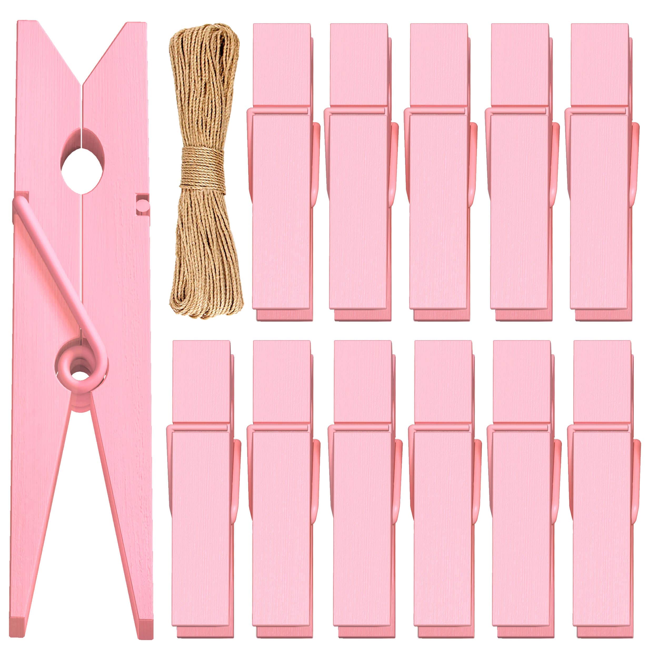 Clothes Pins Mini Clothespins Pink - 100 PCS Wooden Small Clothespins for Pictures with Jute Twine Tiny Photo Paper Clip, Ideal for Baby Shower, Crafts, Chip Clips, Home Office Decoration