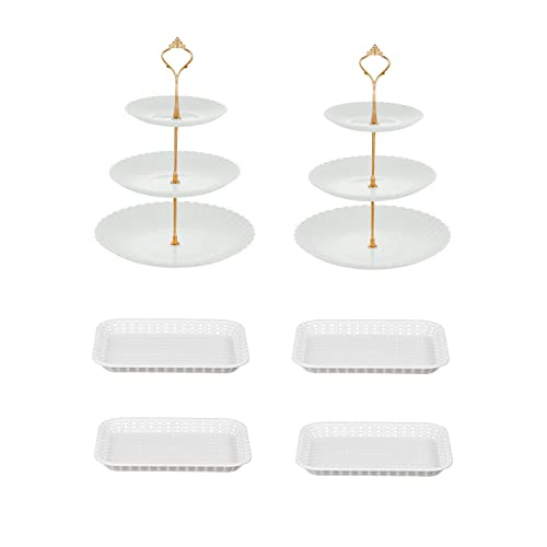 Ctfflhhy 6pcs Cupcake Stand Set with 2 3 Tier Cake Stand + 4 Square Plastic Serving Trays for Wedding Birthday Party