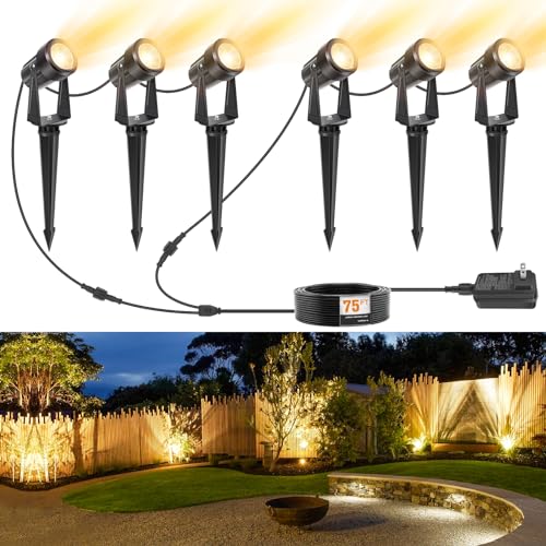 APONUO 76FT Low Voltage Led Landscape Light, Landscape Lights with Transformer Waterproof Landscape Lighting Kit Warm White 12W Landscape House Light for Yard, Lawn, Tree (6 Lights)