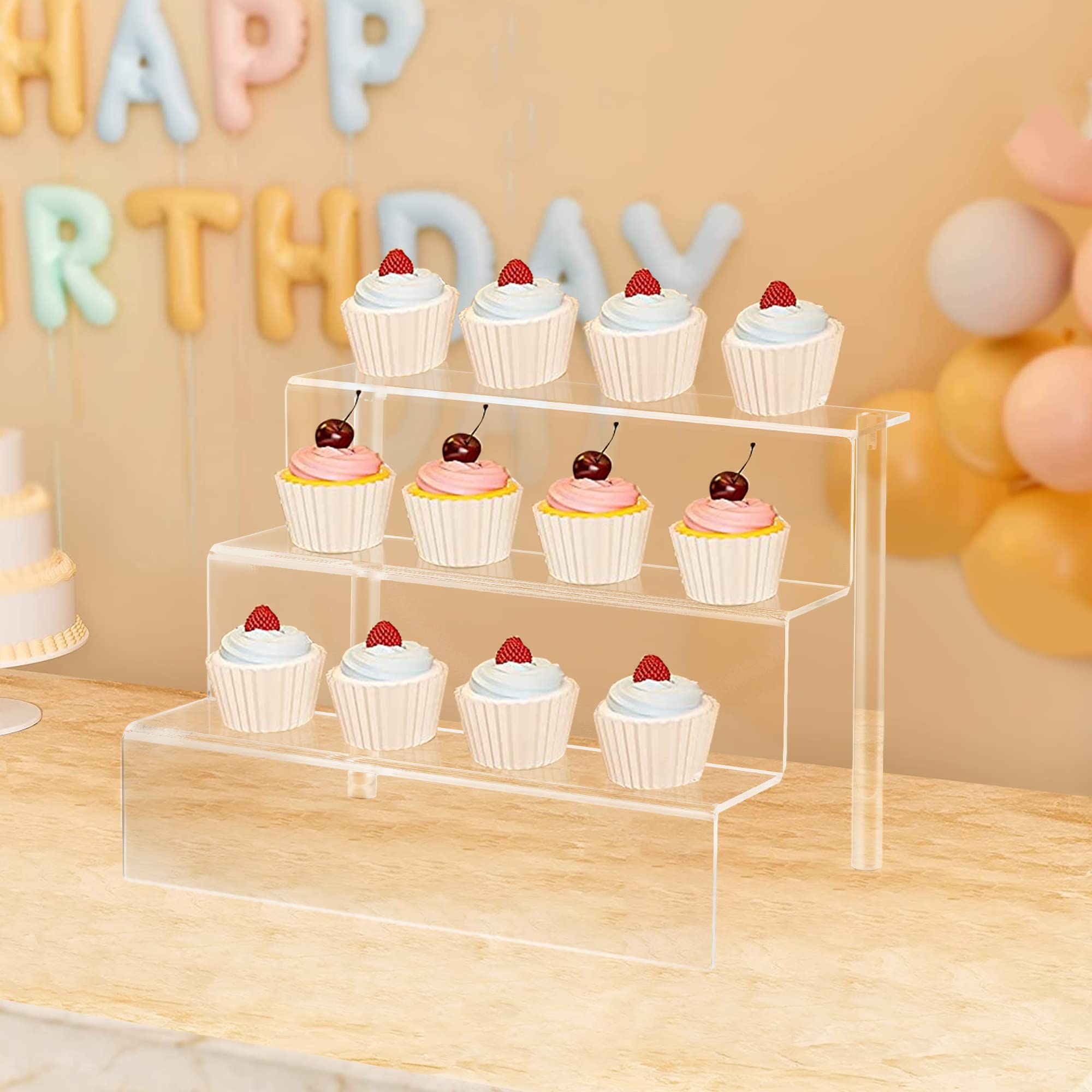 Acrylic Risers for Display, 1 Pack 3 Tier Acrylic Display Riser, Clear Display Stands for Shelf Dessert Cupcake Candy Food Tabletop Collectibles Product Bar Action Figure Showcase, 9x6.25 inch