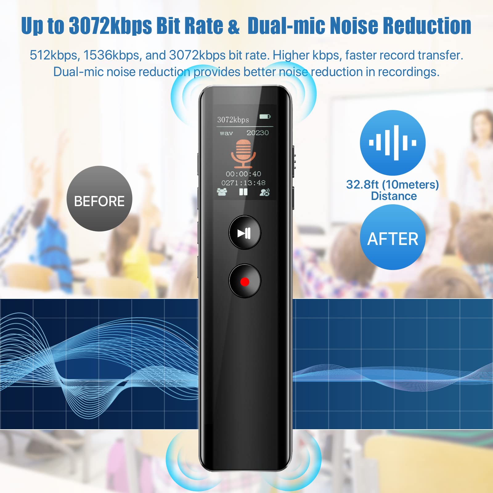 64GB Digital Voice Recorder, Audio Recording Device with Playback, 3072KBPS Noise-Free Voice Activated Recorder with Password, Bluetooth, Dictaphone Recorder for Lectures Meetings and Interviews