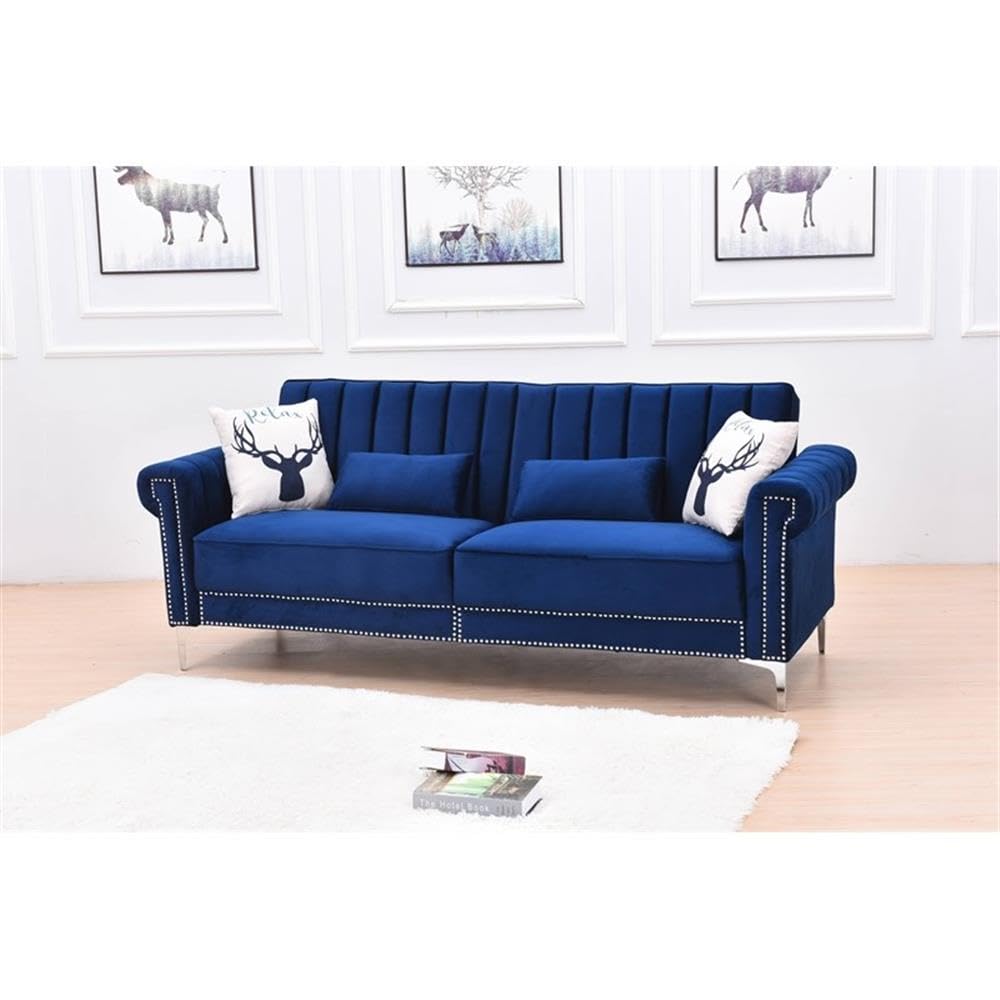 Legend Vansen 82.7" Convertible Modern Wood & Velvet Fabric Sofa Bed in Blue