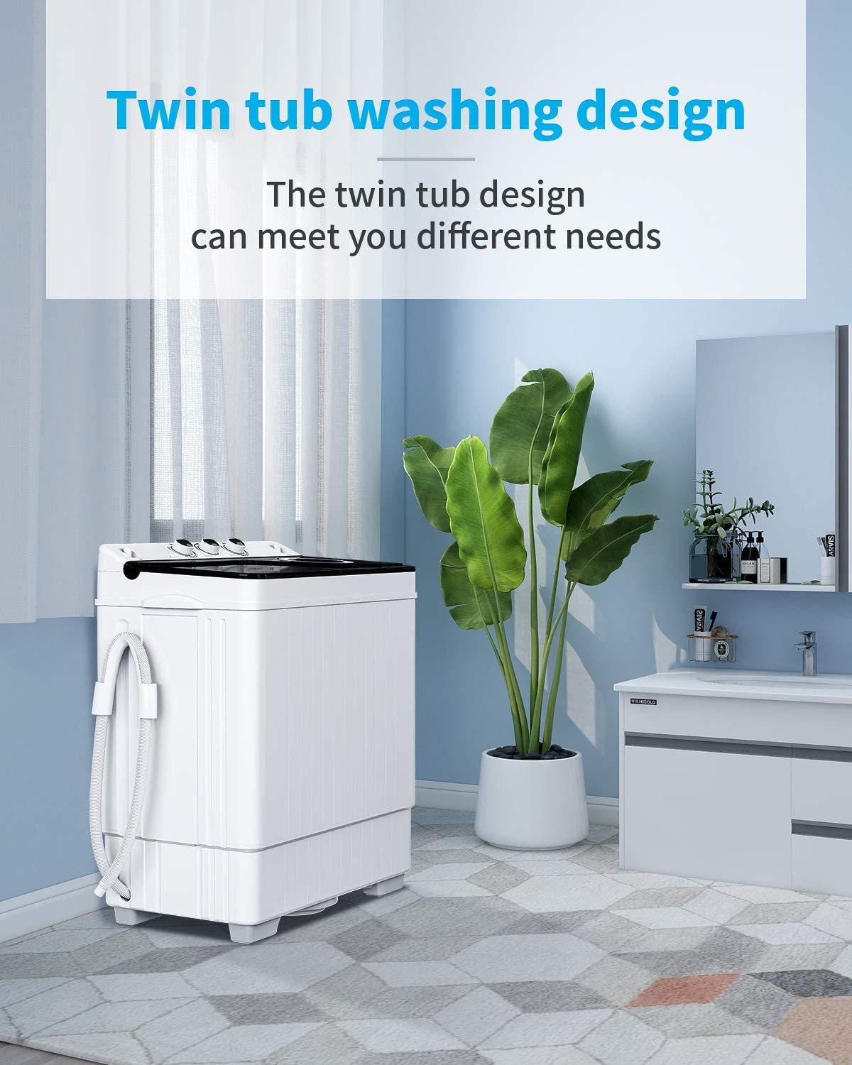 ROVSUN 26lbs Compact Twin Tub Portable Washing Machine, Mini Washer(18lbs) & Spiner(8lbs) / Built-in Drain Pump/Semi-Automatic for Camping, Apartments, Dorms & RV’s (Black)