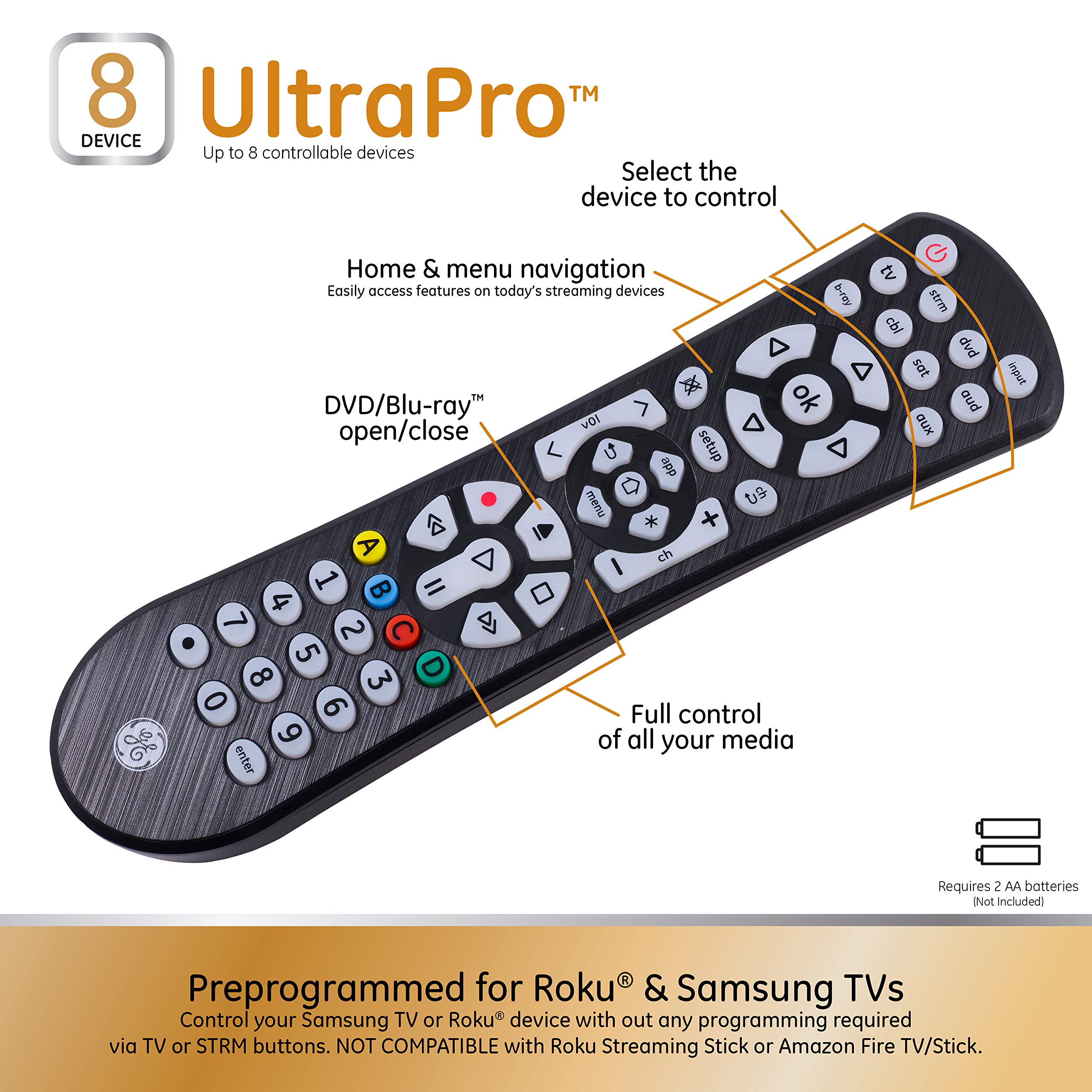GE UltraPro Backlit Universal Remote Control, Samsung TV Remote, Universal TV Remote for Roku TV, Vizio, LG, Sony, Sharp, Apple TV, Smart TVs, Streaming Players, Blu-ray, DVD, 8-Device, Black, 41567