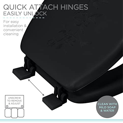 Bath Bliss Extra Soft Standard Round Toilet Seat | Decorative Vinyl Lid | Fits 16.5β Seats | Adjustable Quick Screw Attach Non-Slip Hinges | Bathroom | Black