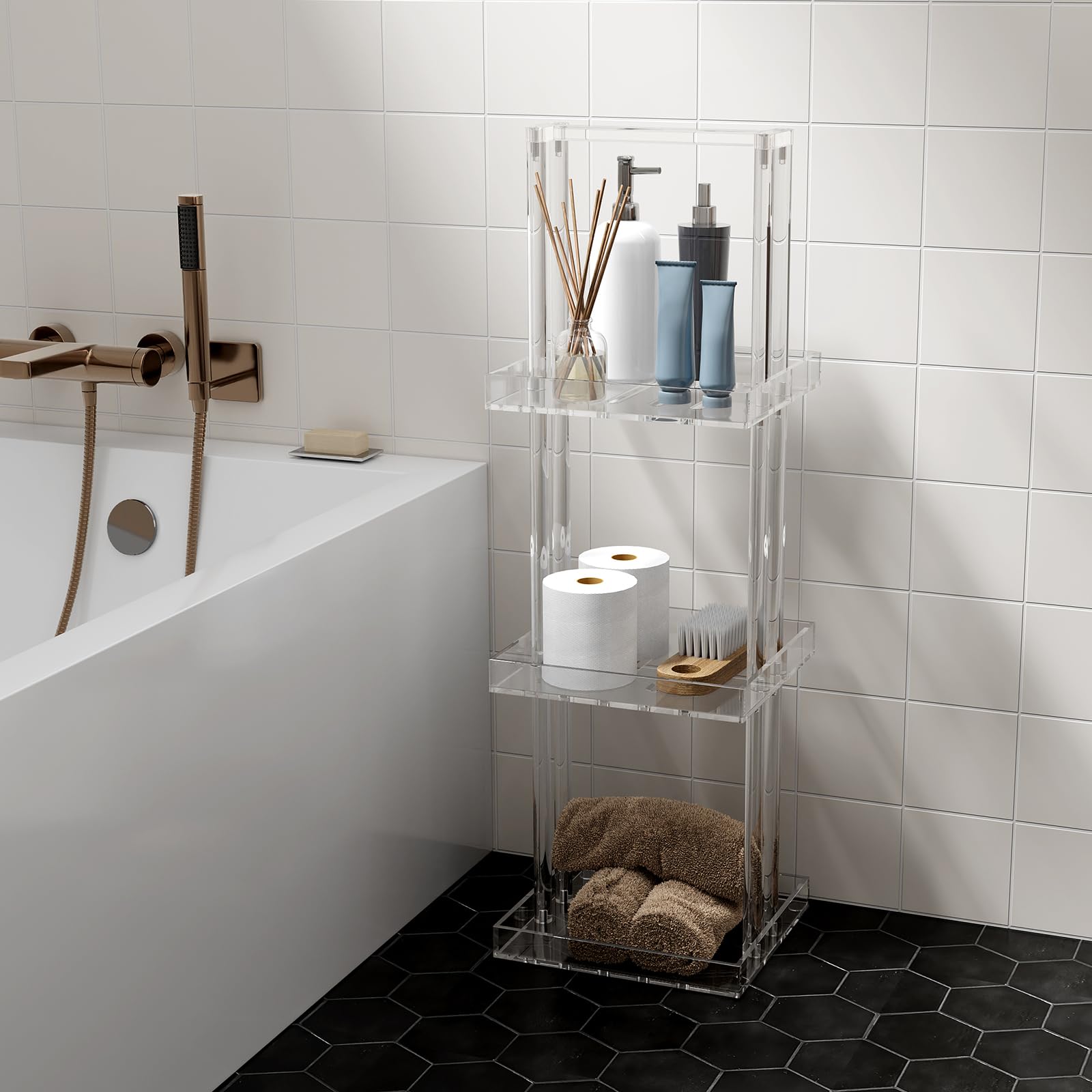Aquiver Acrylic Standing Shower Caddy - 3 Tier Shower Organizer Stand with Handle - Corner Shower Caddy for Inside Bathroom, Bathtub, 11'' L x 10'' W x 34.6'' H, Clear