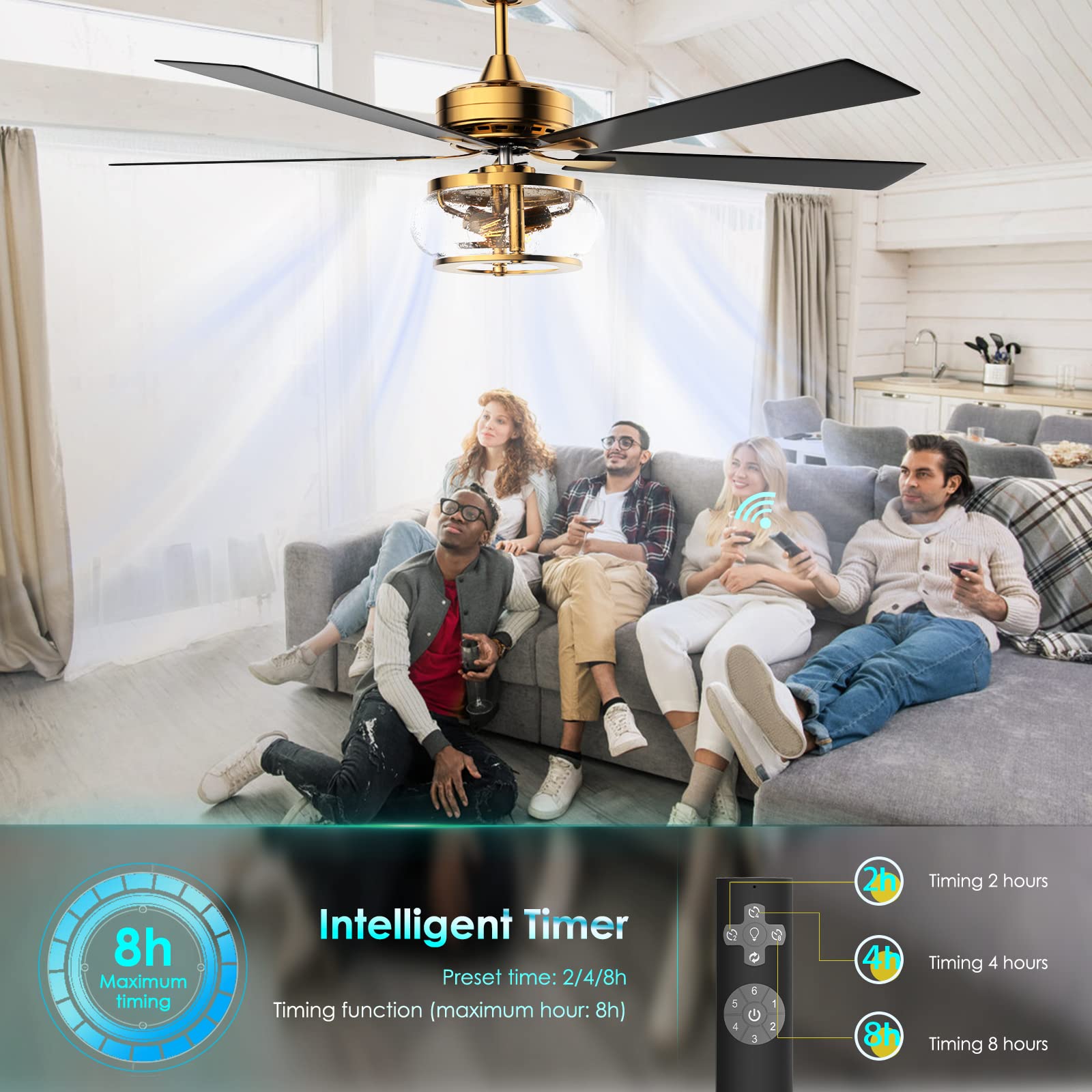 ADIUIVE Ceiling Fan with Lights, 60 Inch, 5-Blade, Low Profile, Brass Finish, Black & Golden, Farmhouse Style, Indoor Outdoor, Remote Control, LED Light, Ceiling Mount