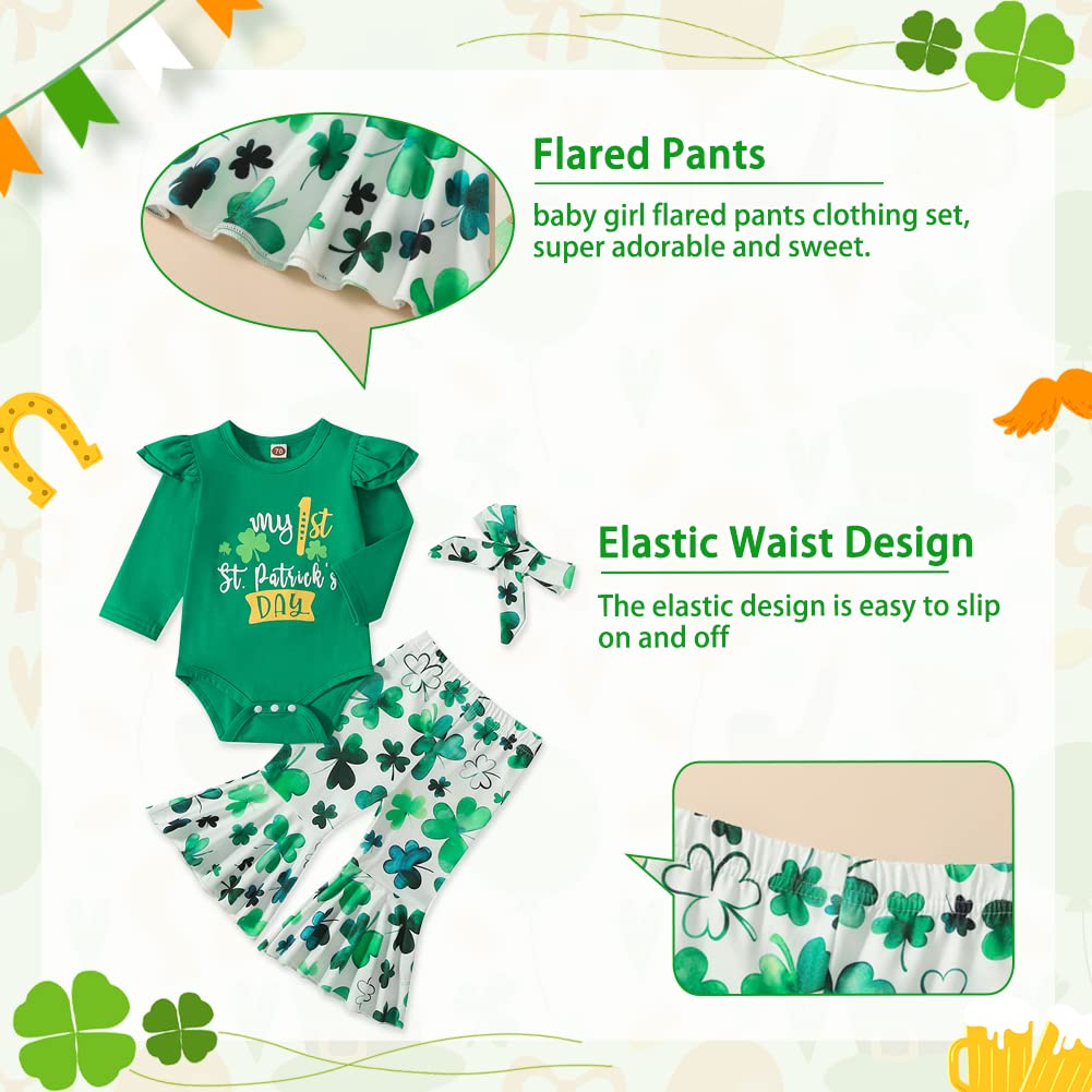 AIKSIWAI Newborn Baby Girl St. Patrick/Easter Day Outfit Print Romper Tops Bell Bottom Pants Headband 3Pcs Clothes Set
