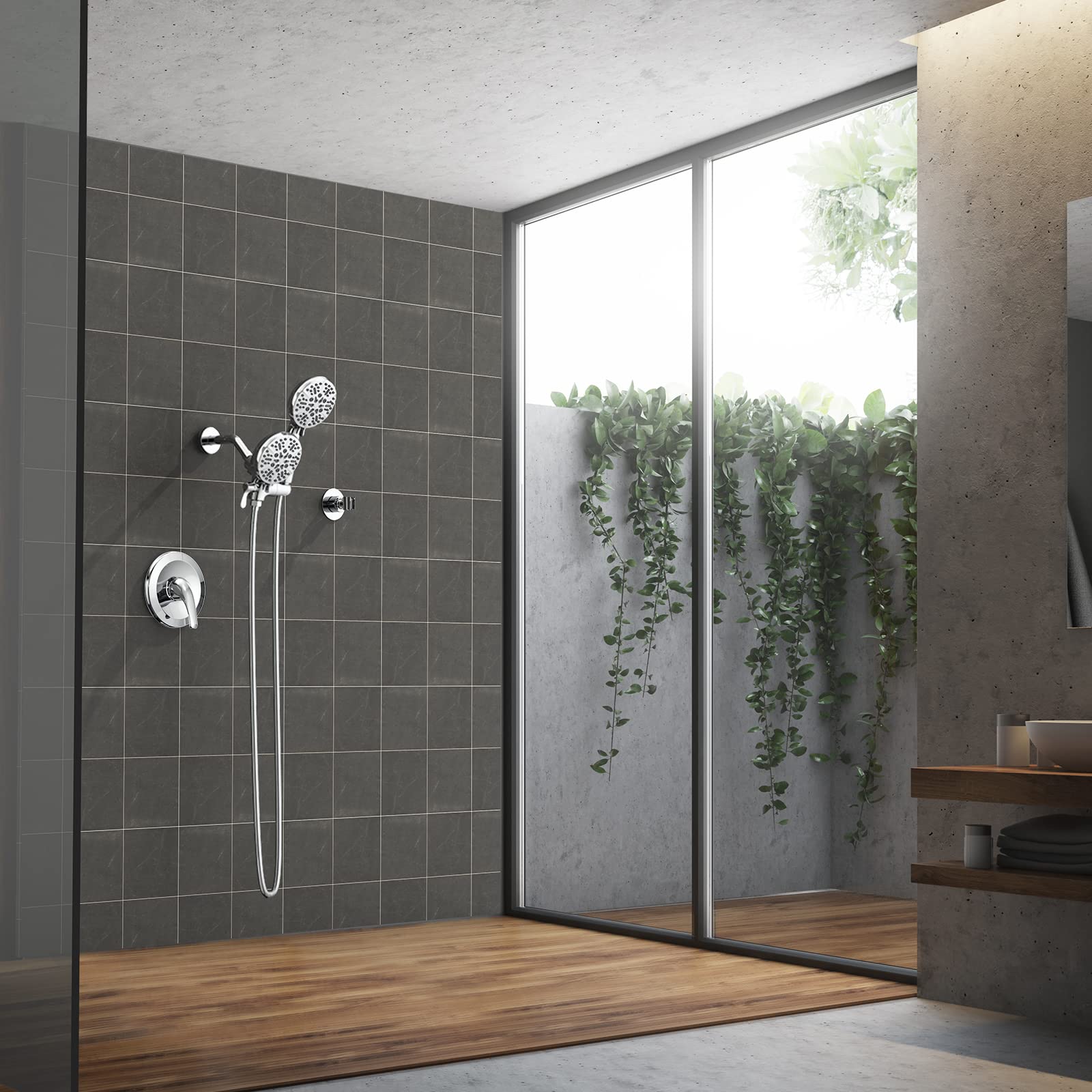 Astomi 63-Setting Dual Shower Head Faucet Set, 2 in 1 High Pressure Rain Shower Head with 7 Functions Handheld Spray, Chrome 3-Way Diverter Shower System Include Brass Valve and Trim Kit