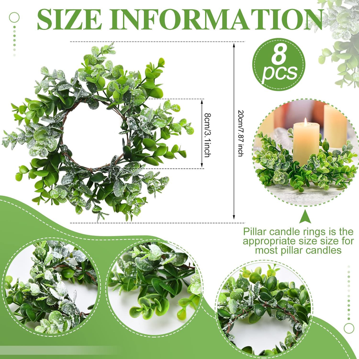 Jexine 8 Pieces Christmas Candle Rings Mini Candle Wreaths Center Candle Ring Artificial Wreath for Christmas Window Table Pillars Farmhouse Decoration Wedding Party Table Home Decor(Eucalyptus)