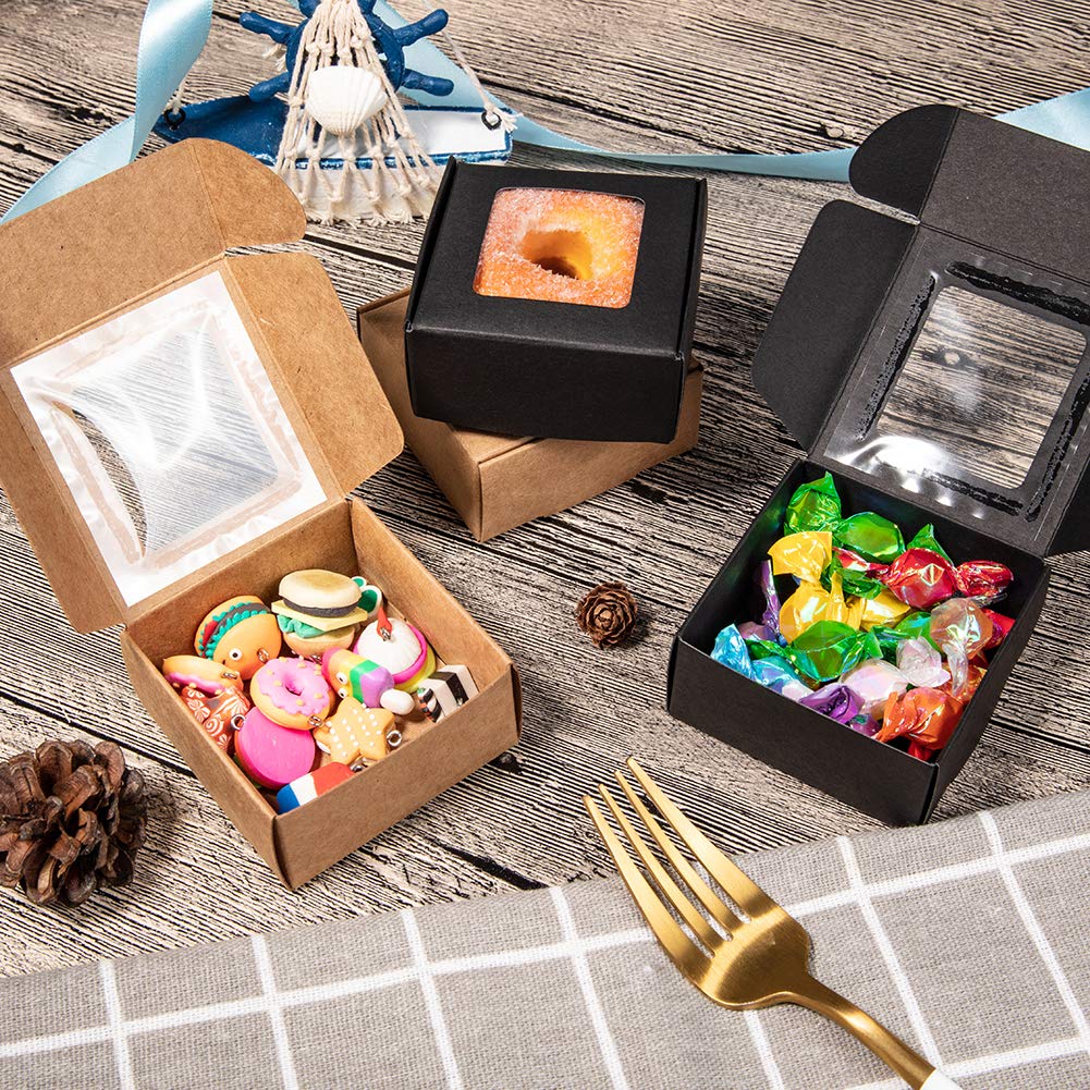 BENECREAT 30 Packs 2.5x2.5x1.2 Square Brown Kraft Paper Boxes Gift Candy Boxes with Clear Window for Wedding Party Favor Treats, Bakery and Jewelry, Festival Gift Packaging