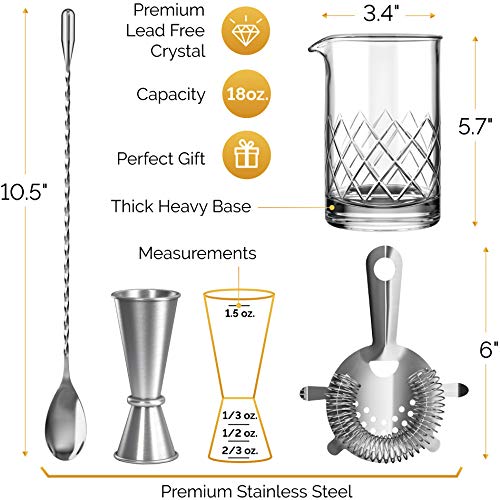 MOFADO Crystal Cocktail Mixing Glass Set - 4 Piece - 18oz 550ml - Thick and Sturdy Bottom, Durable Crystal Mixing Glass, Spoon, Jigger, Strainer - Beautiful Gift