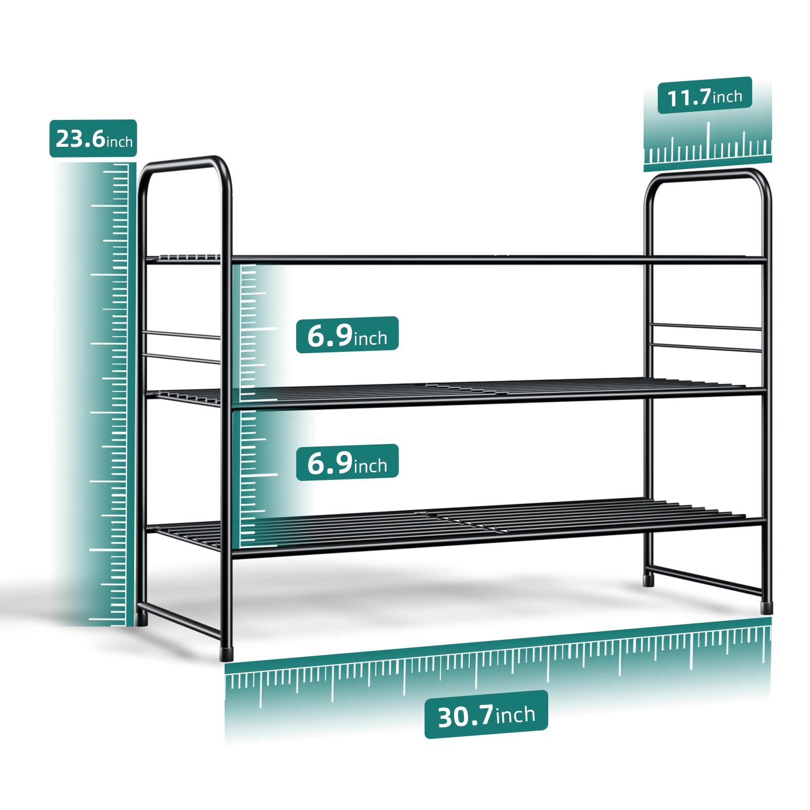 GEORIS 3 Tier Shoe Rack for Closet, Stackable & Adjustable 32" L Shoe Storage Organizer Sturdy, All Metal, Black