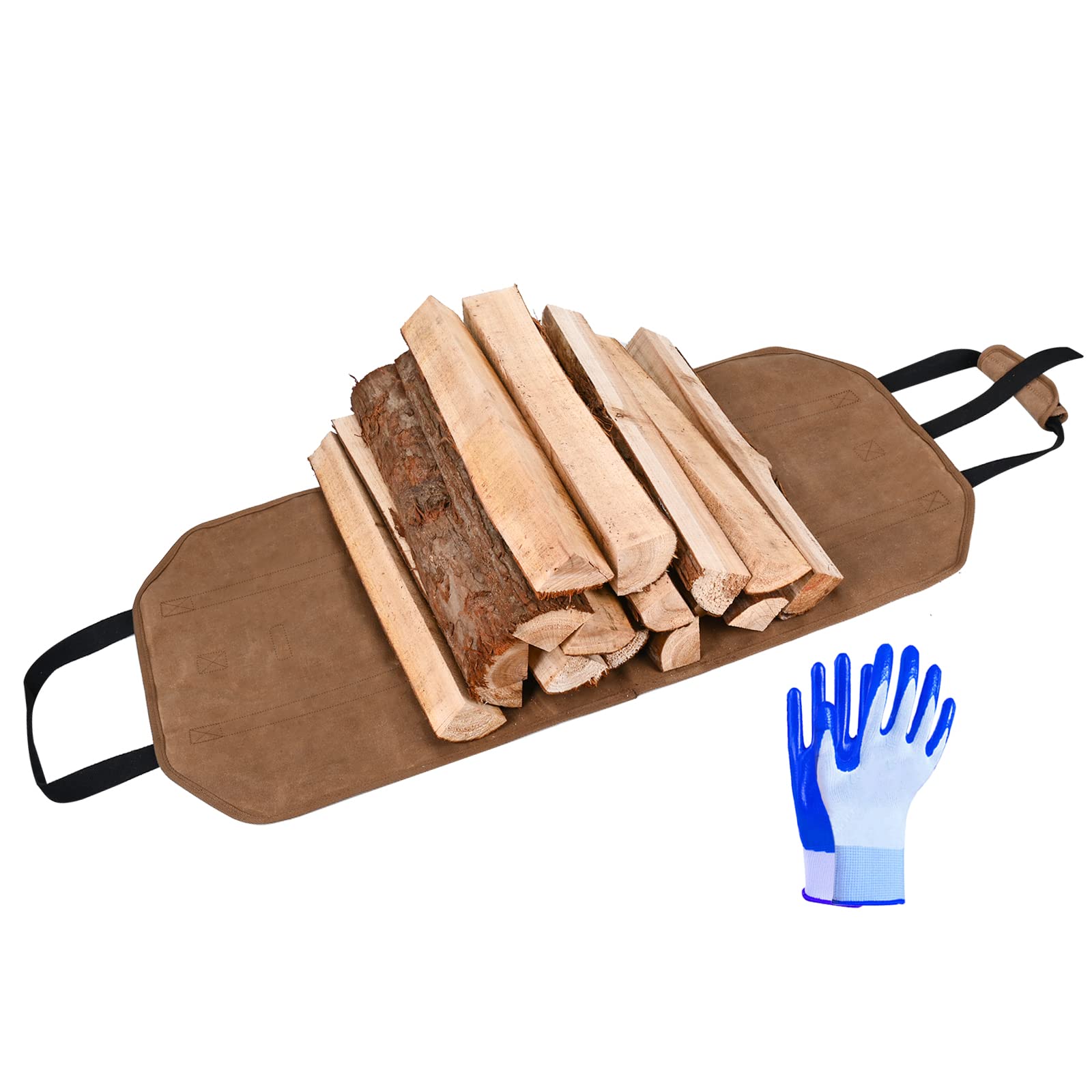 Firewood Carrier,Large Wood Carrying Bag with Handles Fireplace Log Carriers & Holders,Security Strap Camping Wear-Resistant & Dirt-Proof Waxed Canvas Indoor Stand Brown(Double Brass Rings)